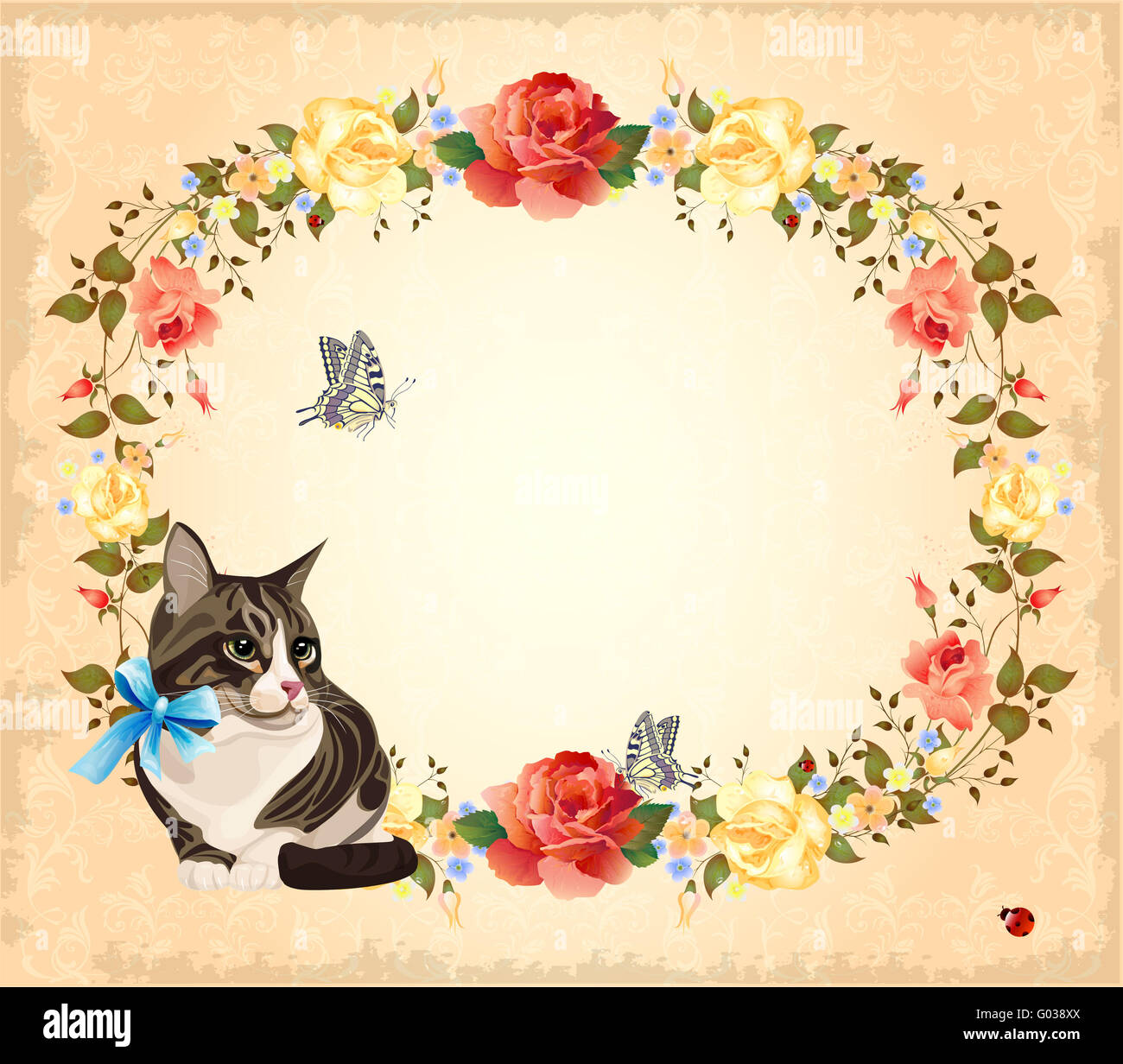 greeting card with cat, roses and butterflies Stock Photo - Alamy