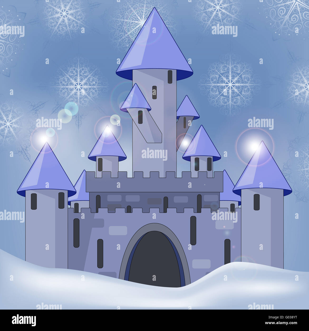 vector cartoon castle in witer at night Stock Photo - Alamy