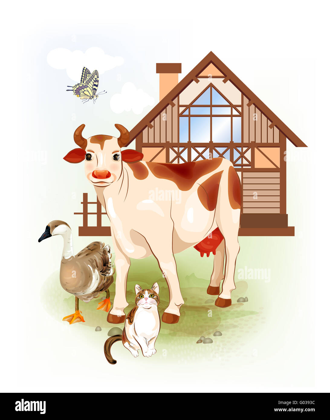 Country life. Farm animals. Cow, cat and goose Stock Photo - Alamy
