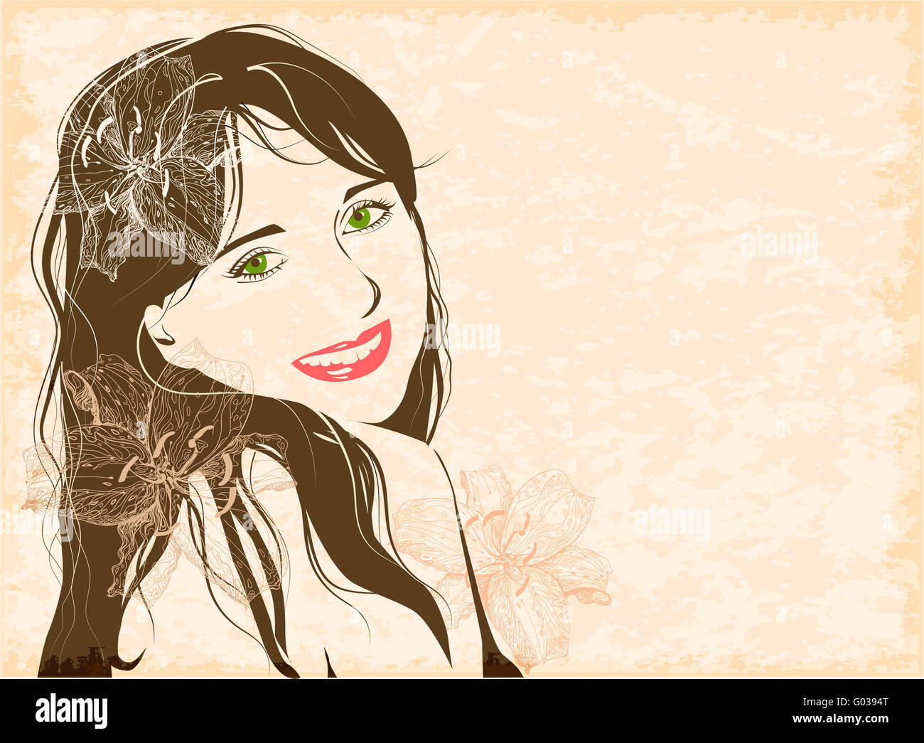 grunge line art portrait of flirting young girl with flowers Stock ...