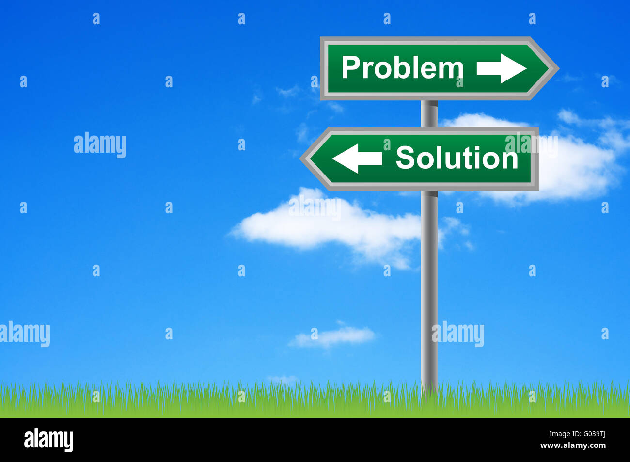 Arrows road sign problem solution on sky background Stock Photo - Alamy