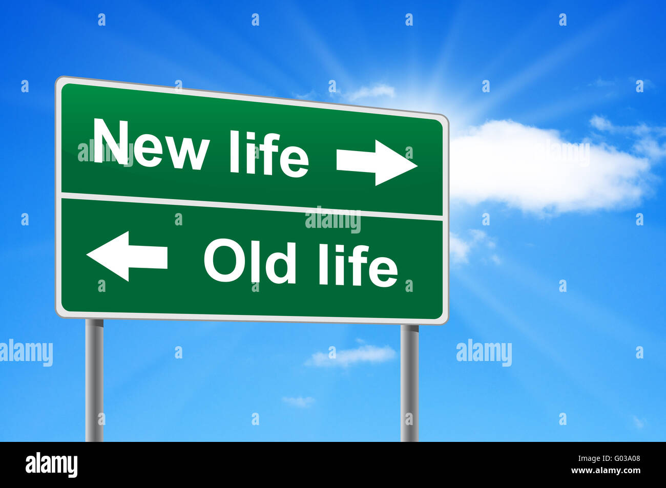 New life old life road sign on background clouds and sunburst Stock ...