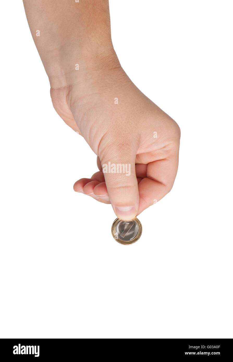 Hand with coins isolated on white background Stock Photo - Alamy