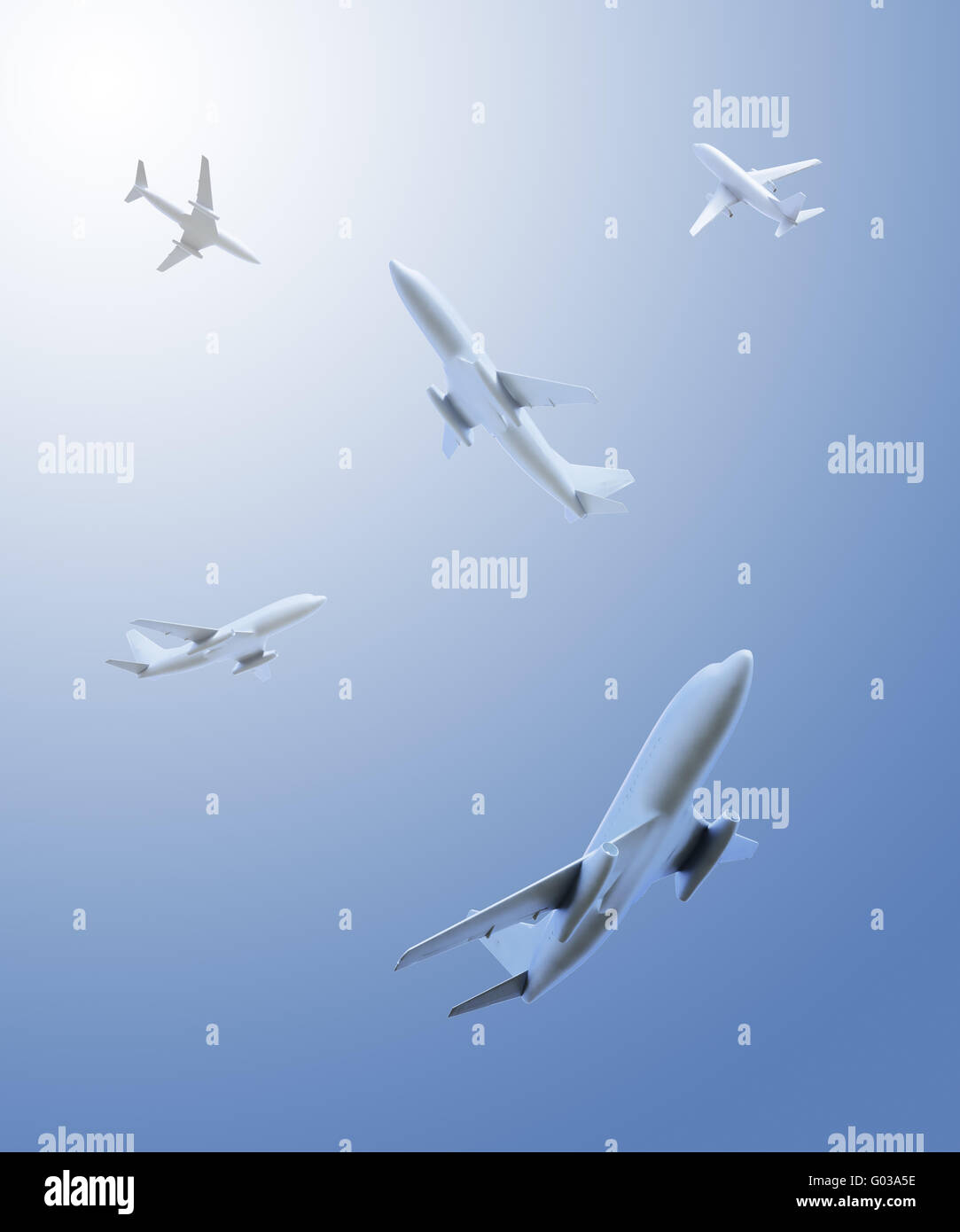 Five airplanes flying in different directions over the viewer Stock ...