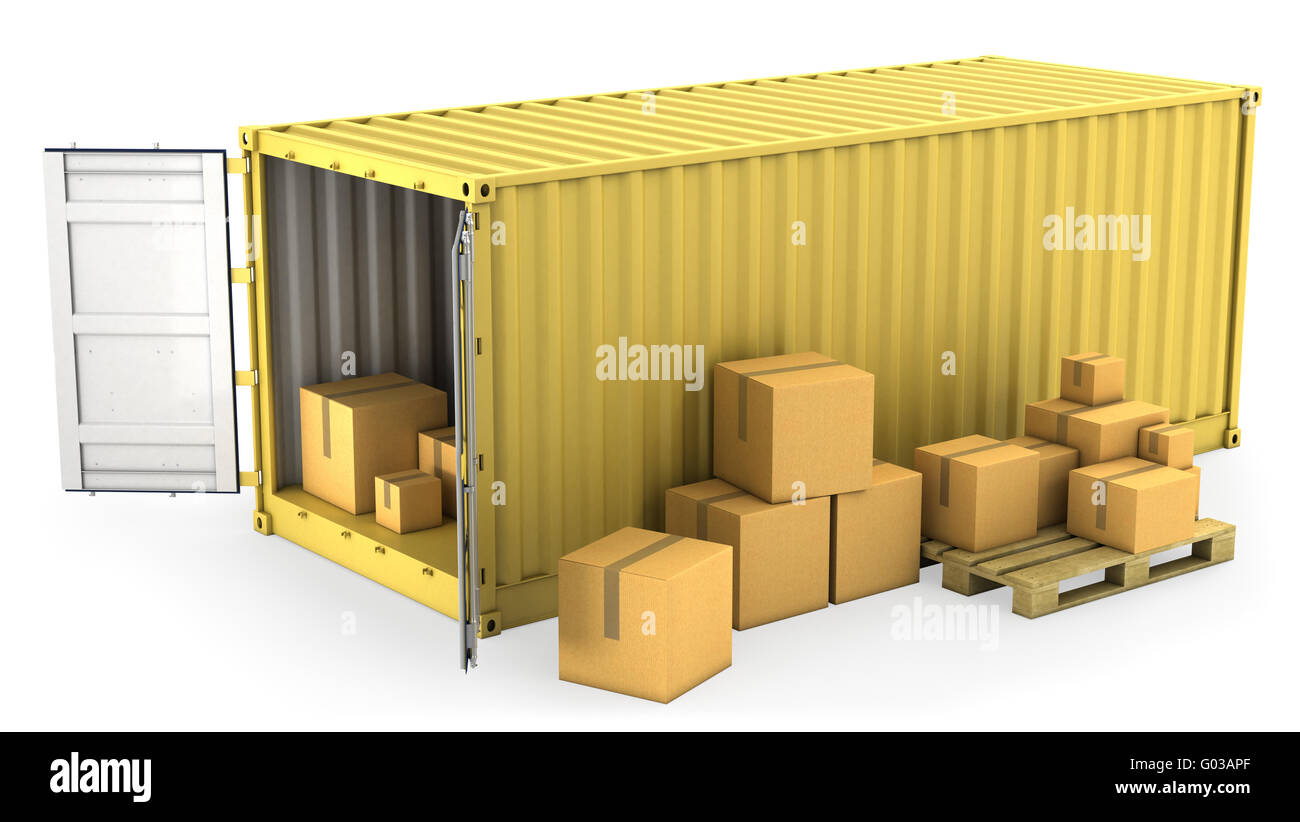 Yellow opened container with a lot of carton boxes Stock Photo - Alamy