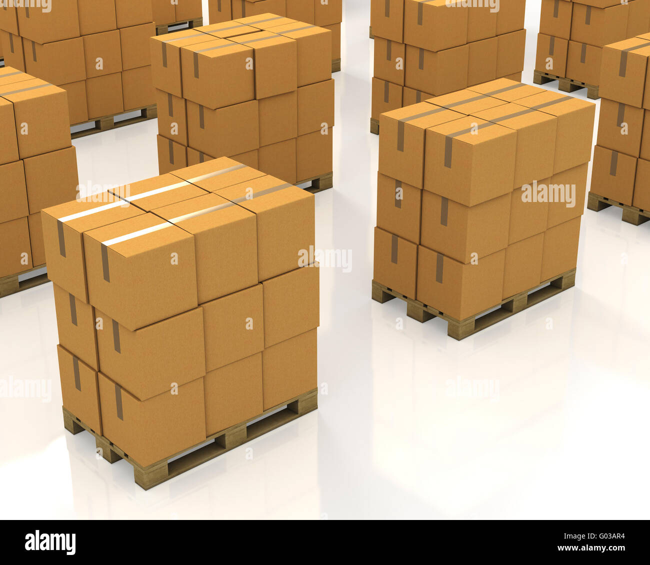 A lot of stacks of carton boxes on a pallets Stock Photo - Alamy
