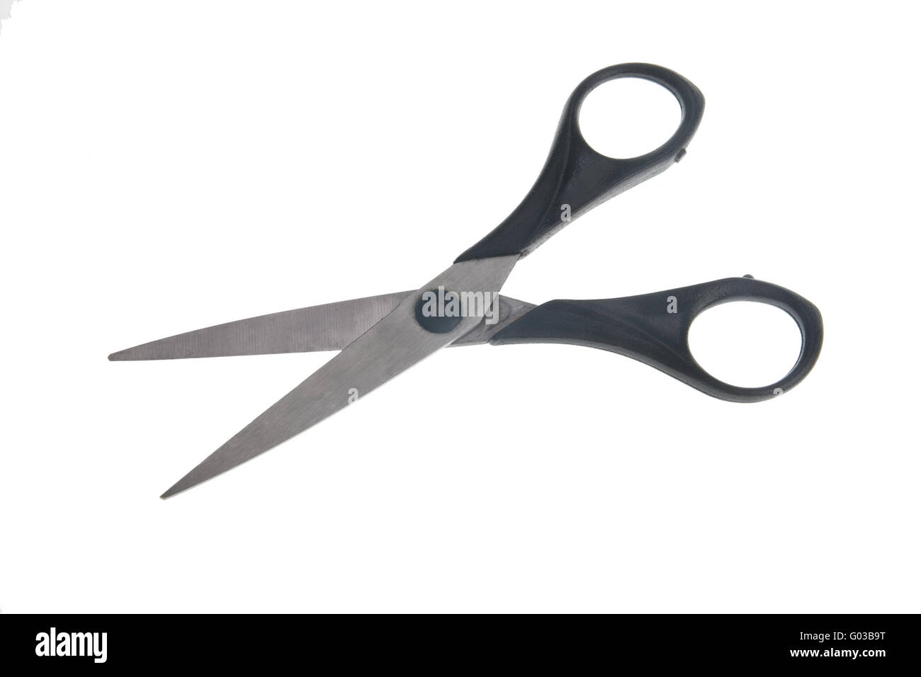 Steel scissors with black handles over white backg Stock Photo - Alamy