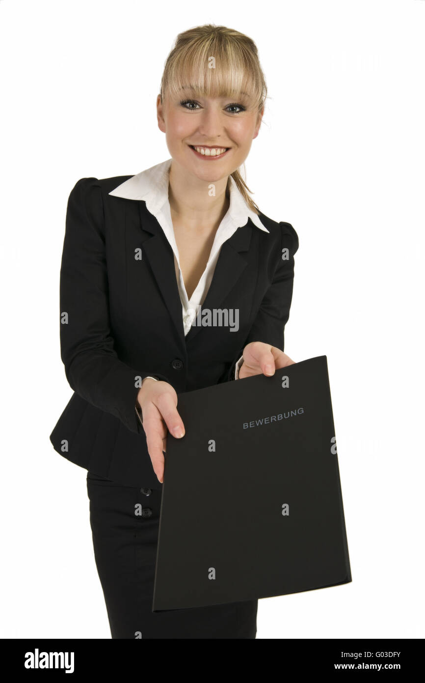 Blonde woman presents her application documents Stock Photo - Alamy
