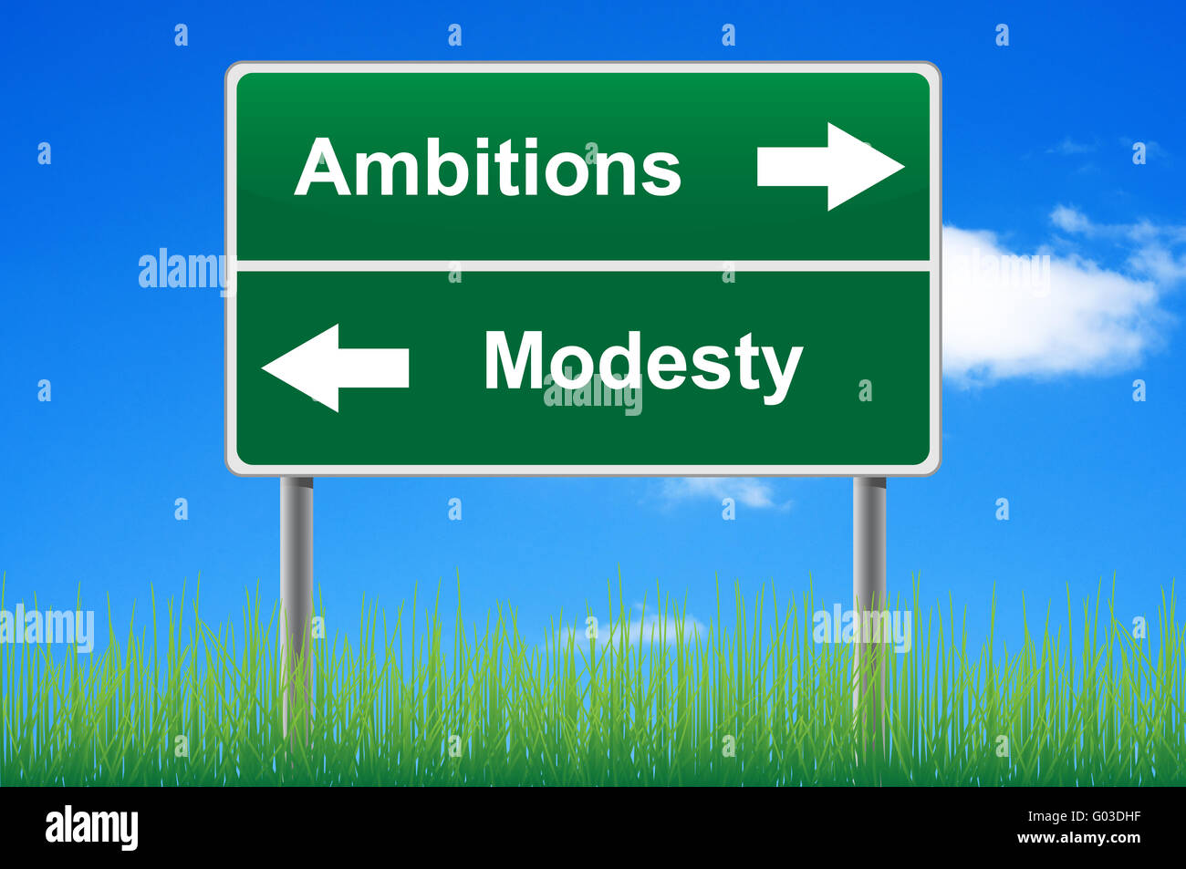 Ambitions modesty signpost on sky background, grass underneath Stock ...
