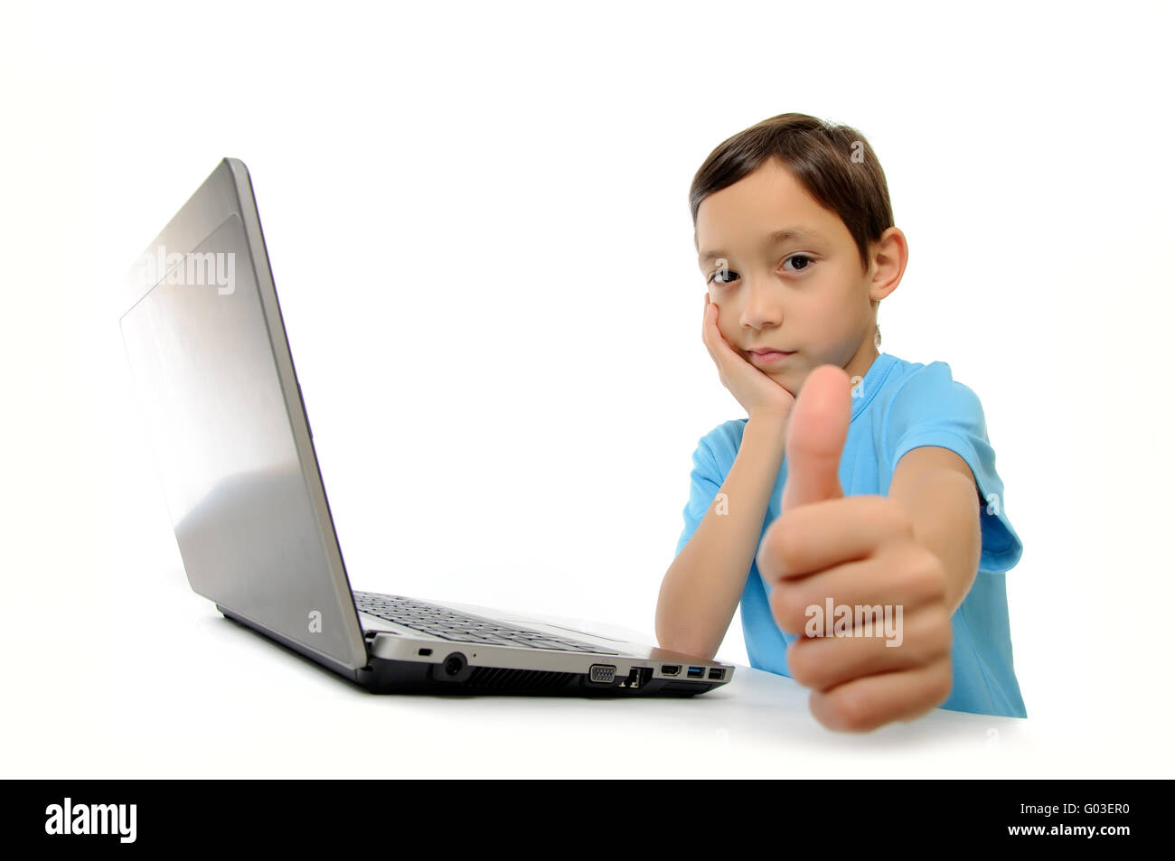 Boy with laptop isolated on white background showing ok isolated on ...