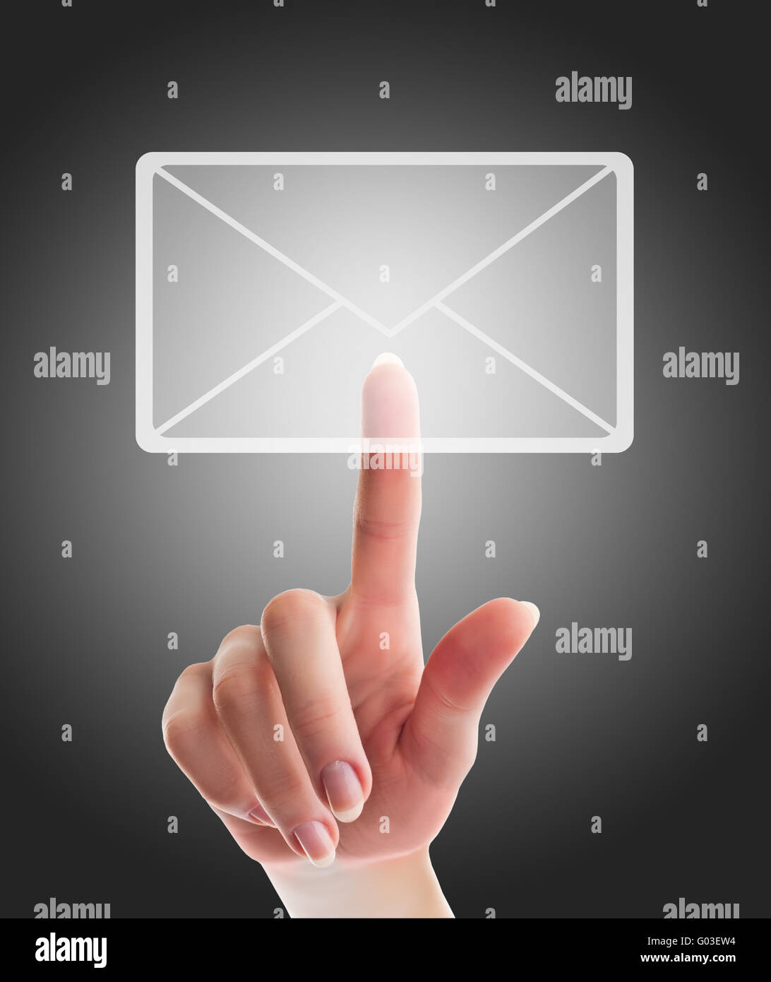 female hand pressing e-mail sign on a touch screen interface over black ...