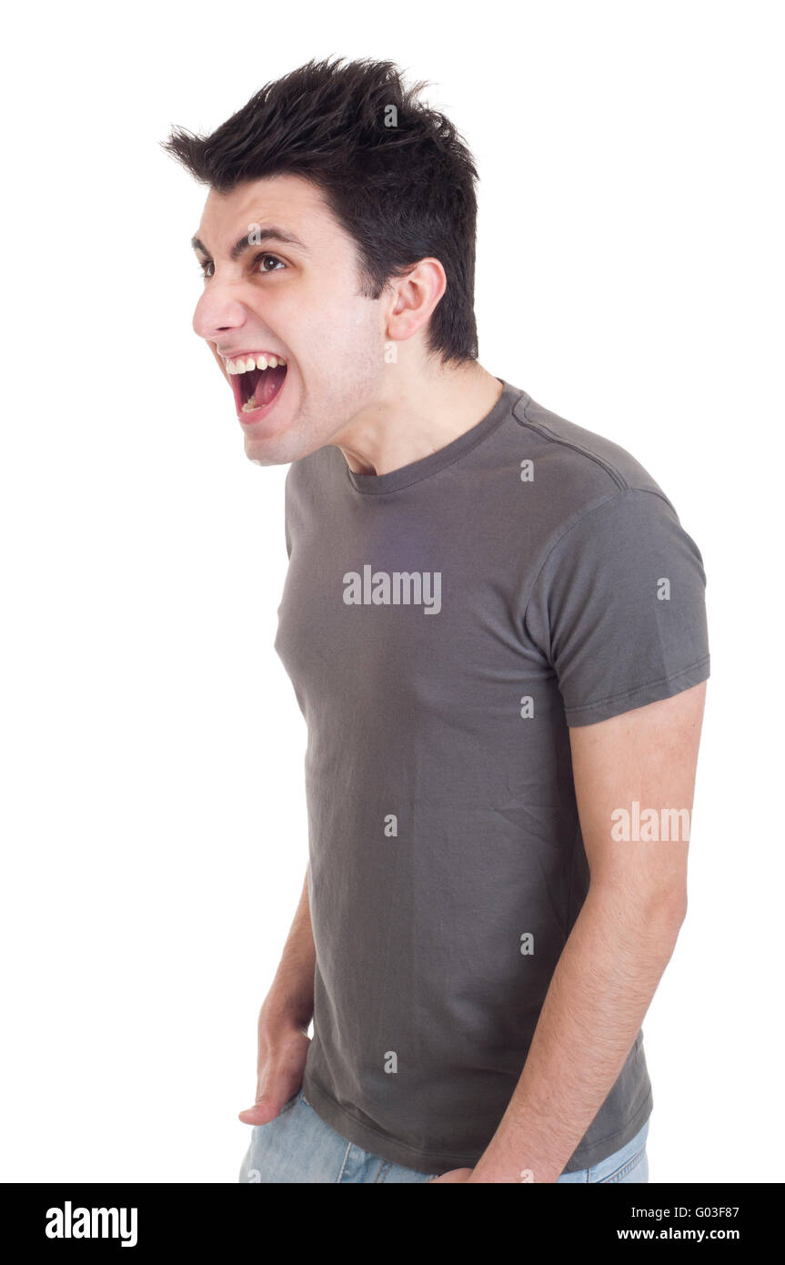 profile view of a very angry man screaming isolated on white background ...