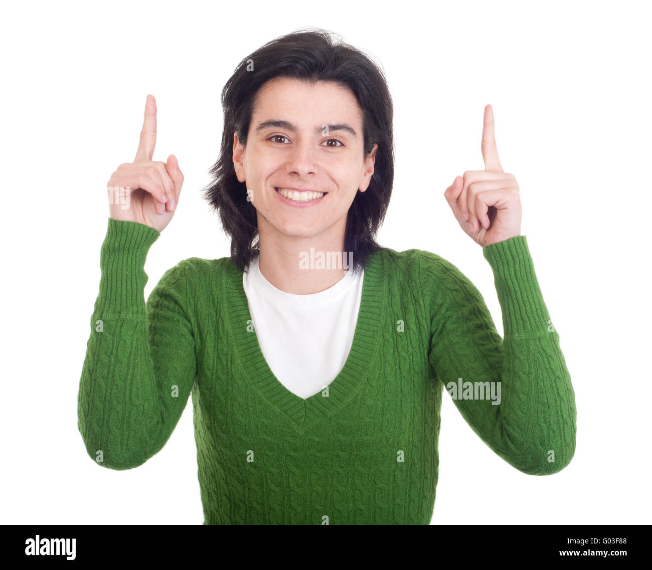 smiling casual woman pointing up isolated on white background Stock ...