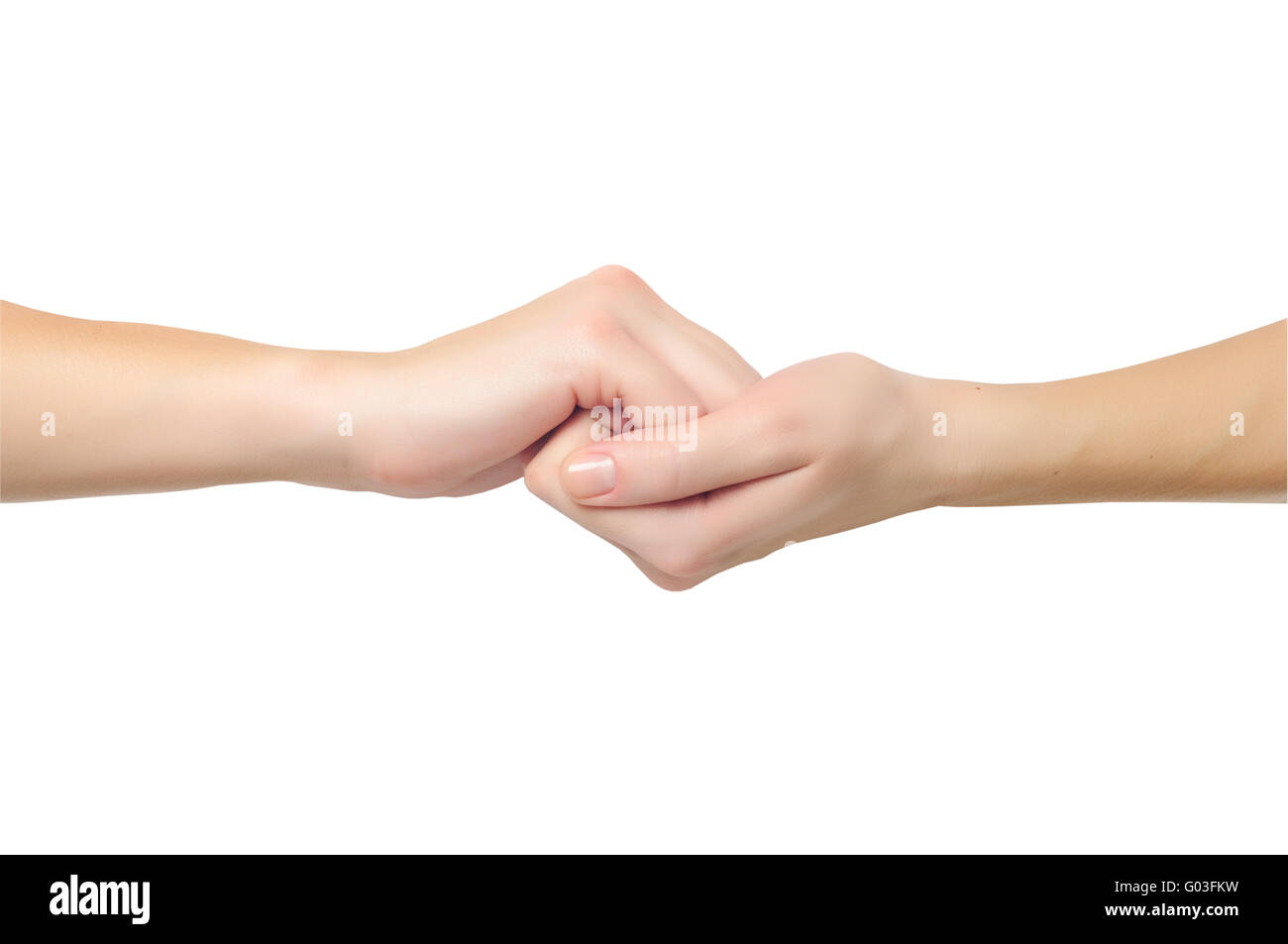 fimale hands in shape of lock holding each other isolated on white ...