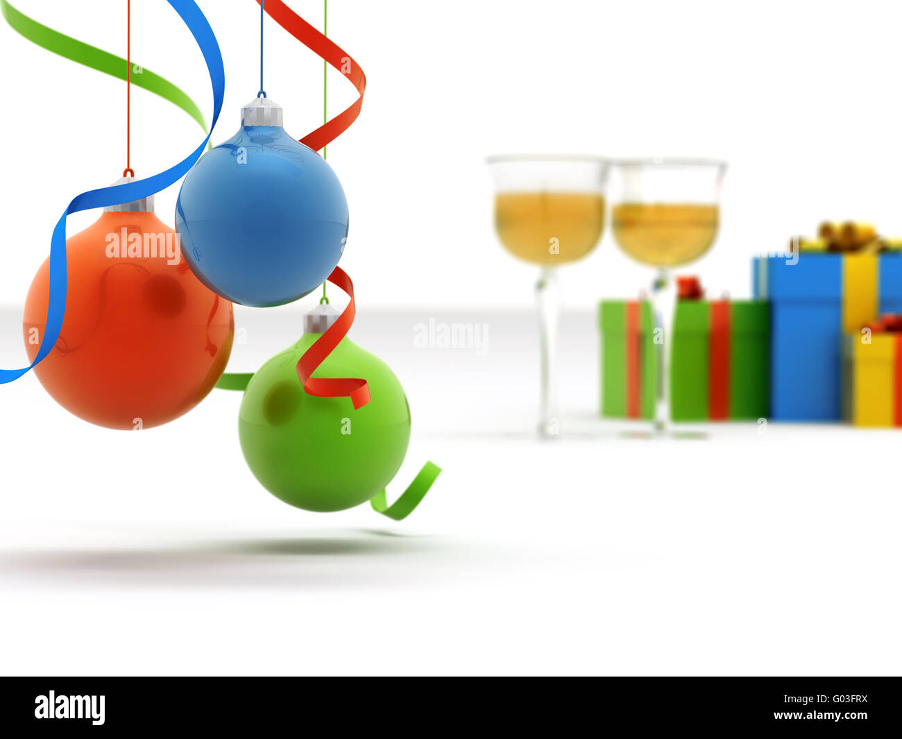 Christmas toys of different colours against glasse Stock Photo - Alamy