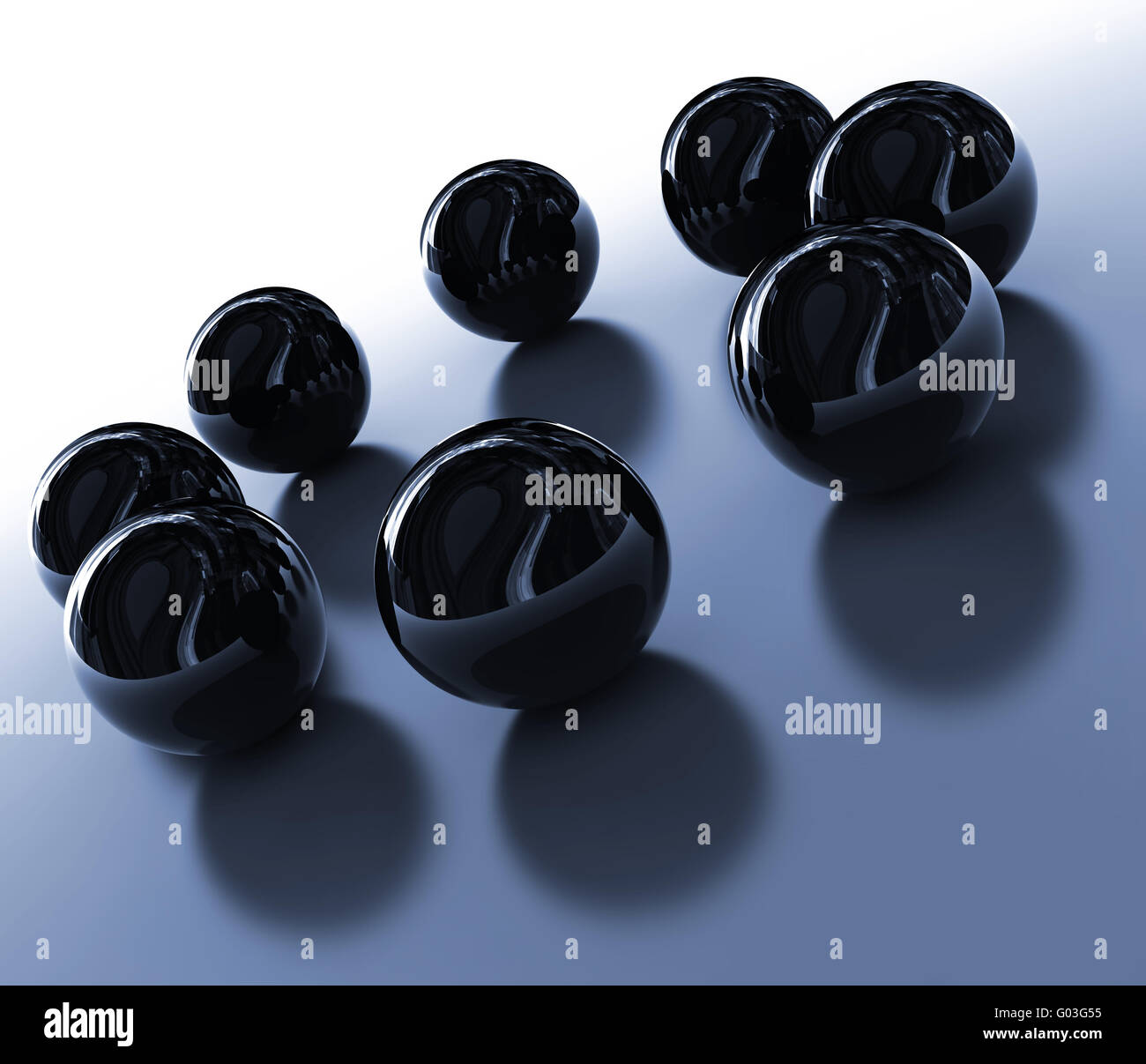 Abstract dark metallic spheres on a blue reflectiv Stock Photo - Alamy