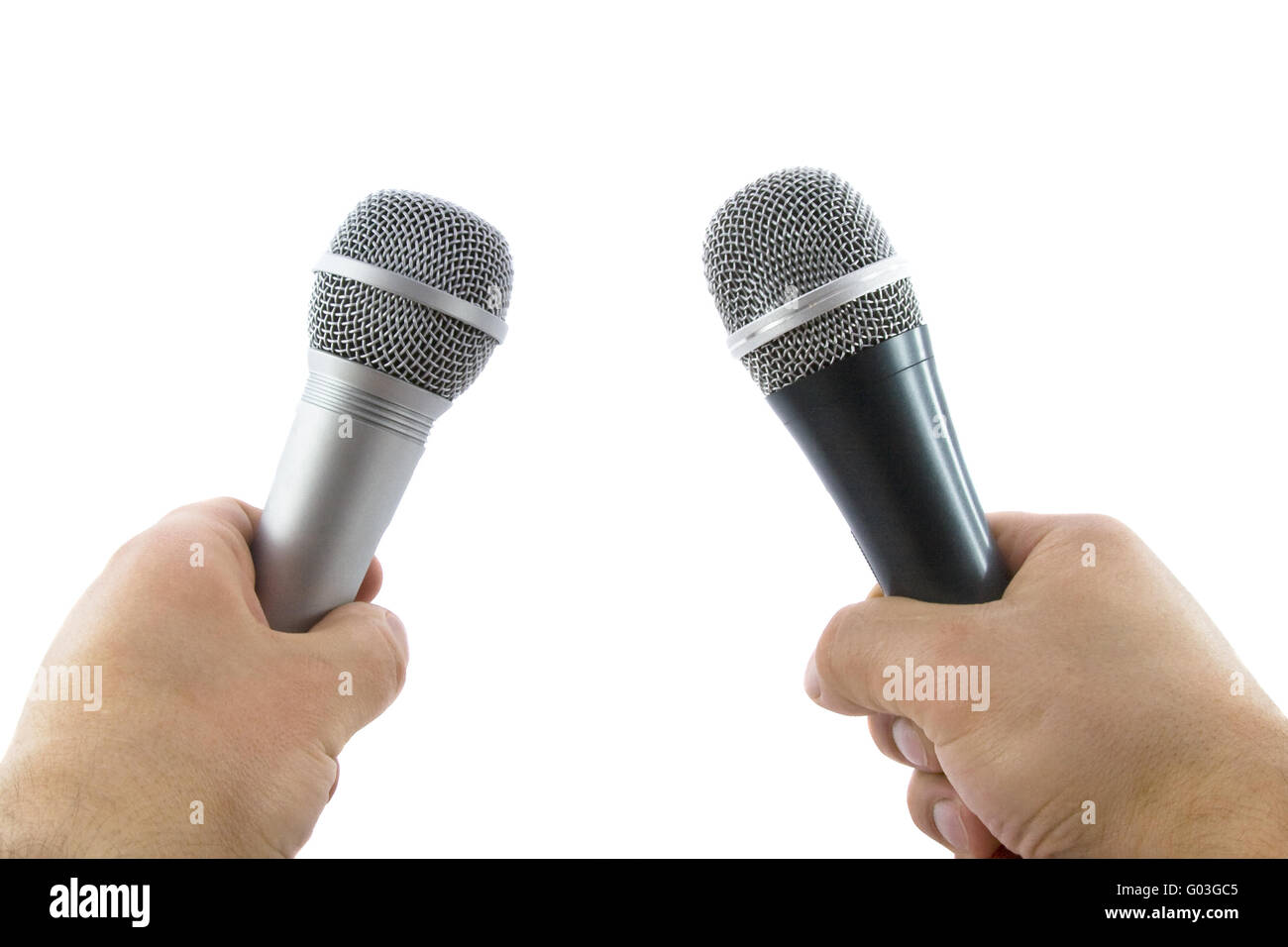 Hand with wireless microphone isolated on white background Stock Photo ...