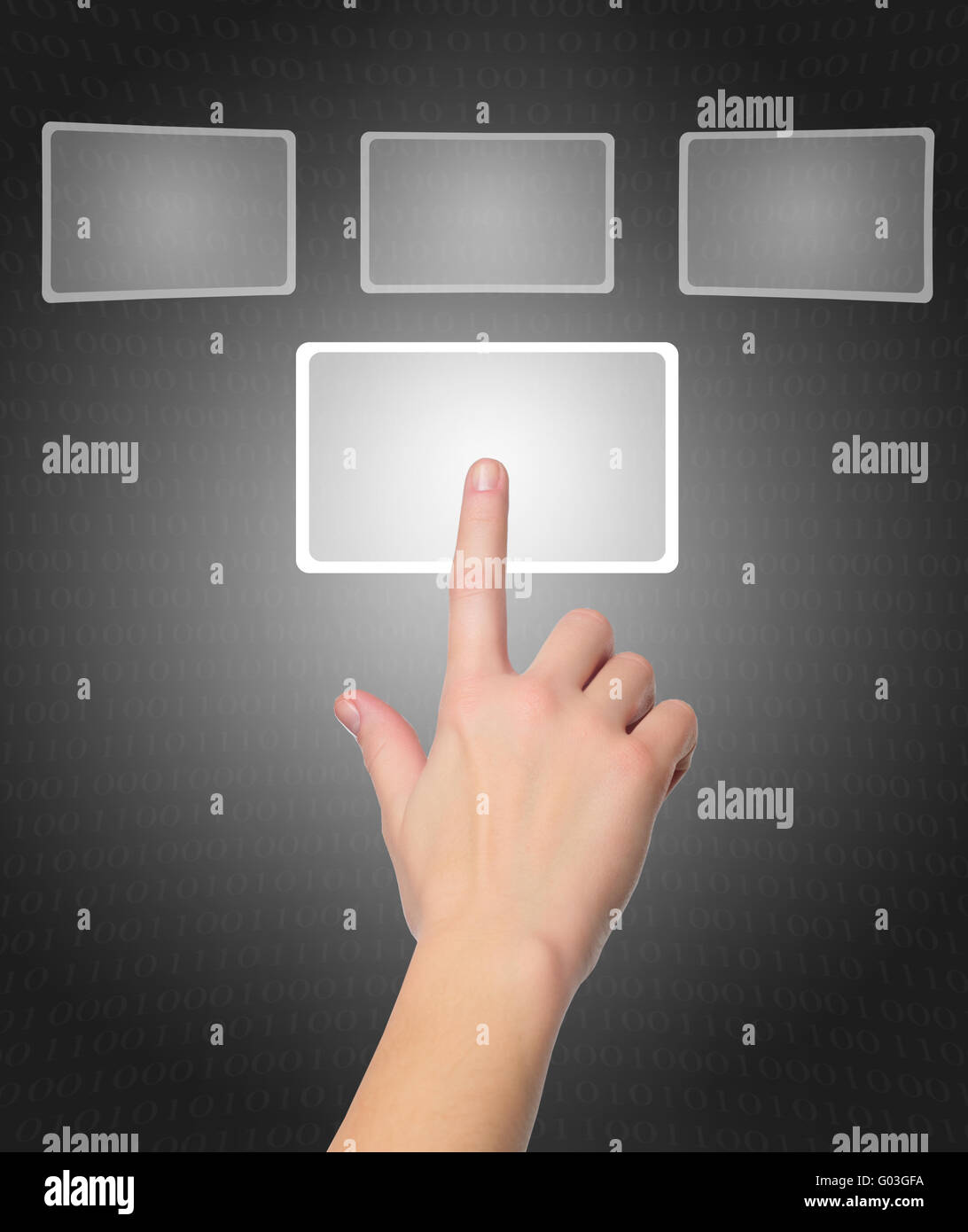 female hand pushing a button on a touch screen interface Stock Photo ...