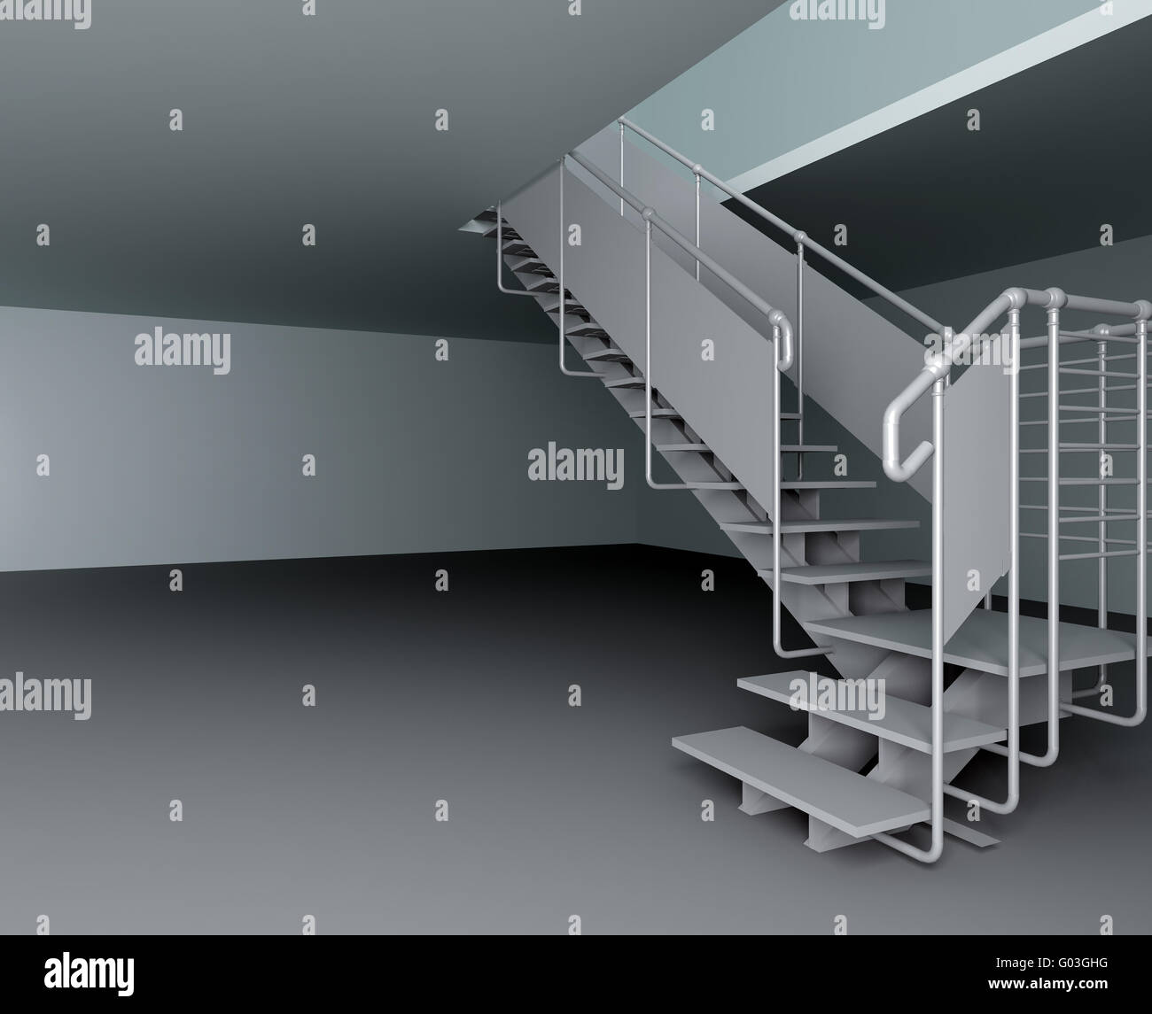 Metal ladder on the second floor with two sections Stock Photo - Alamy