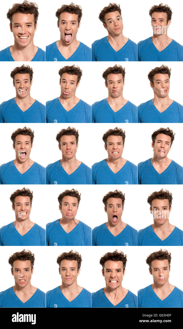 Young man face expressions composite isolated on white background Stock ...