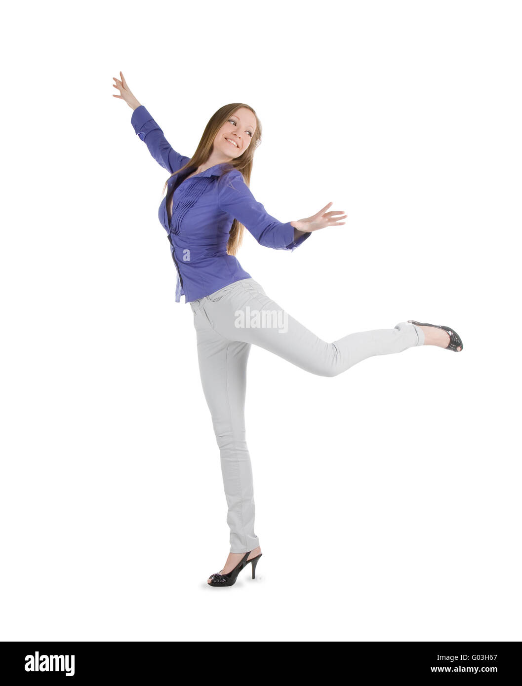 young happy woman standing against white background Stock Photo - Alamy