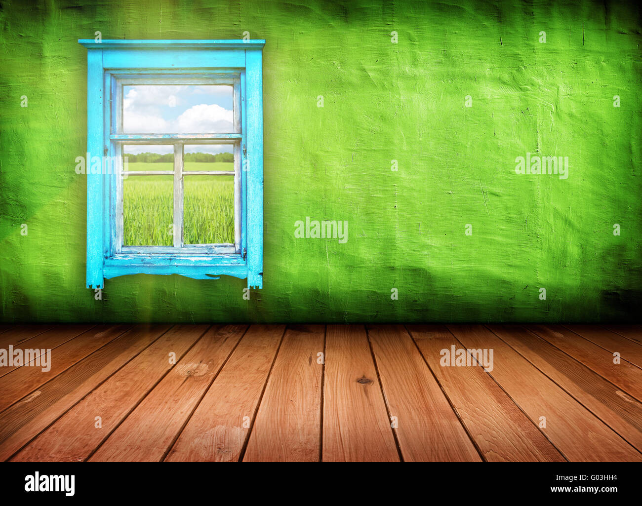 room with window with field and sky above it Stock Photo - Alamy