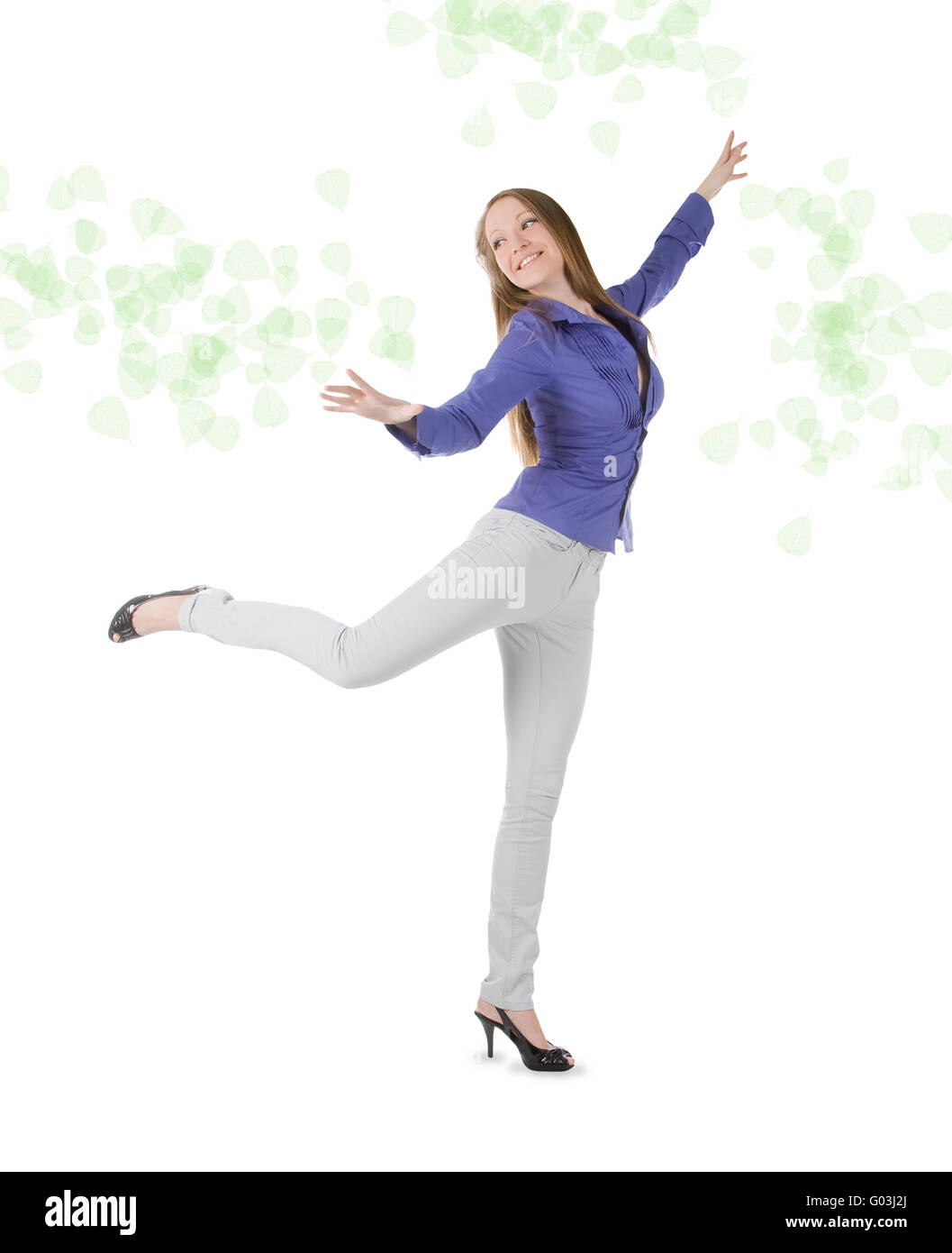 young happy woman standing against white background Stock Photo - Alamy