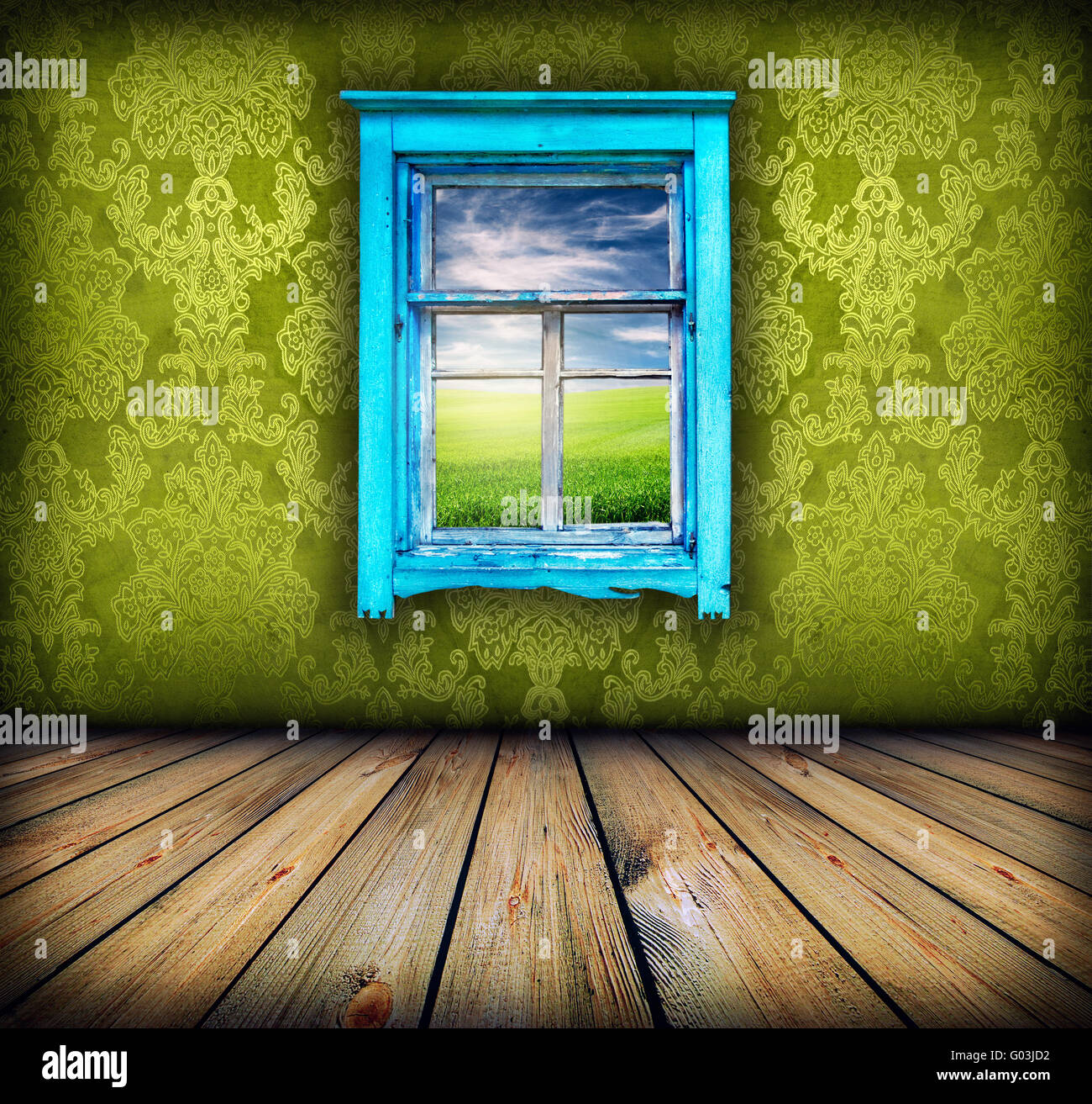 green room with window with field and sky above it Stock Photo - Alamy