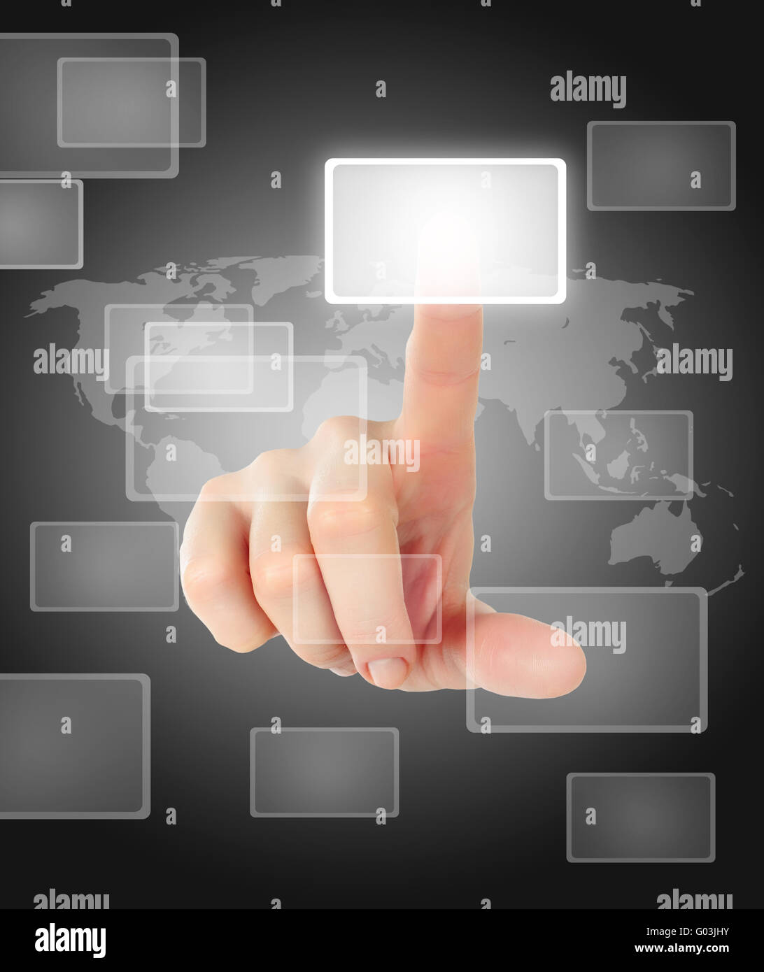 hand pushing button on touch screen interface Stock Photo - Alamy