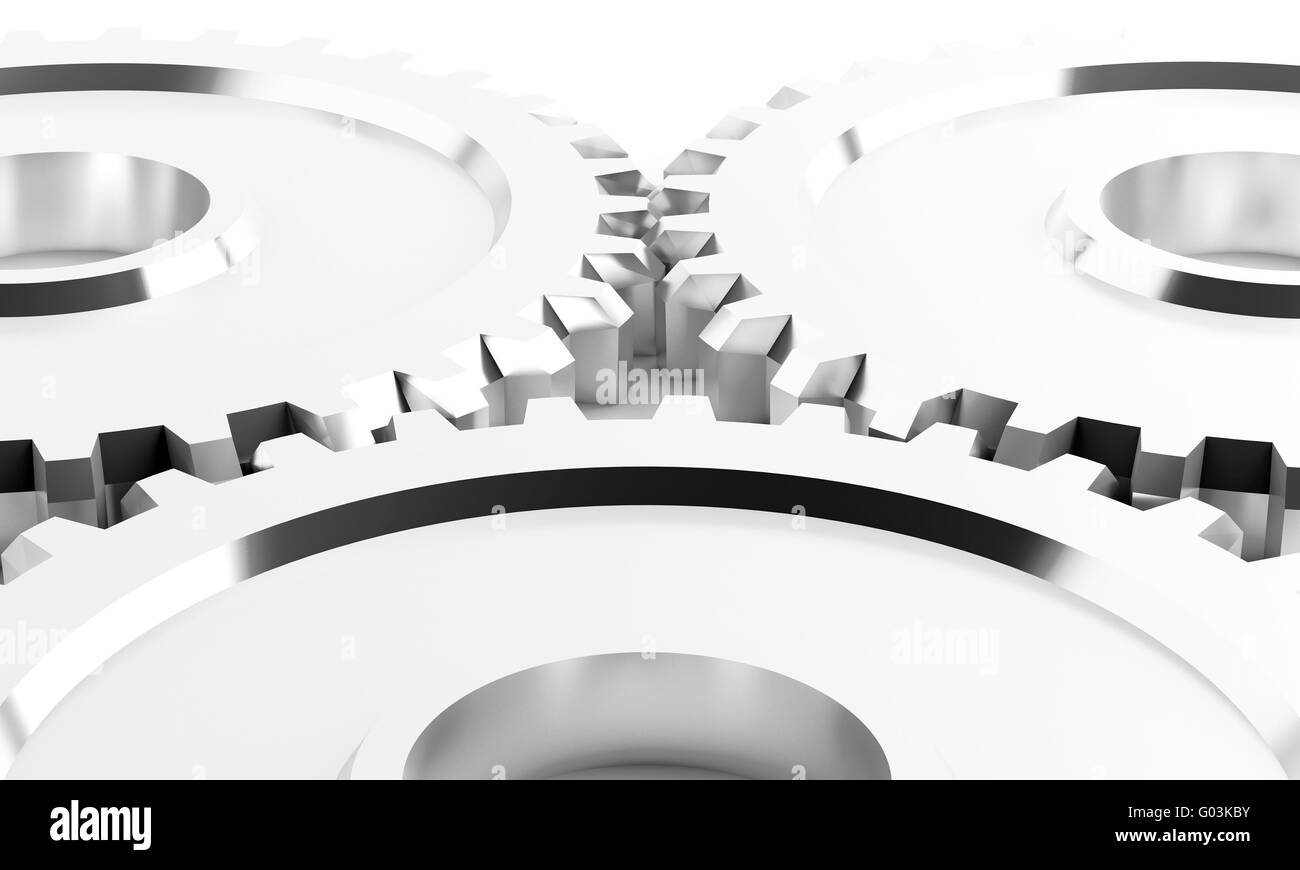 silver linked metal gears on a white background Stock Photo - Alamy