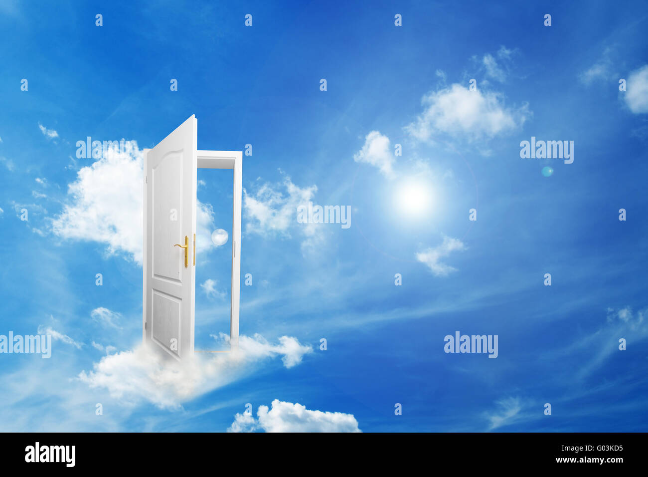 Door to new world. Open door on cloud conceptual. Other original ...