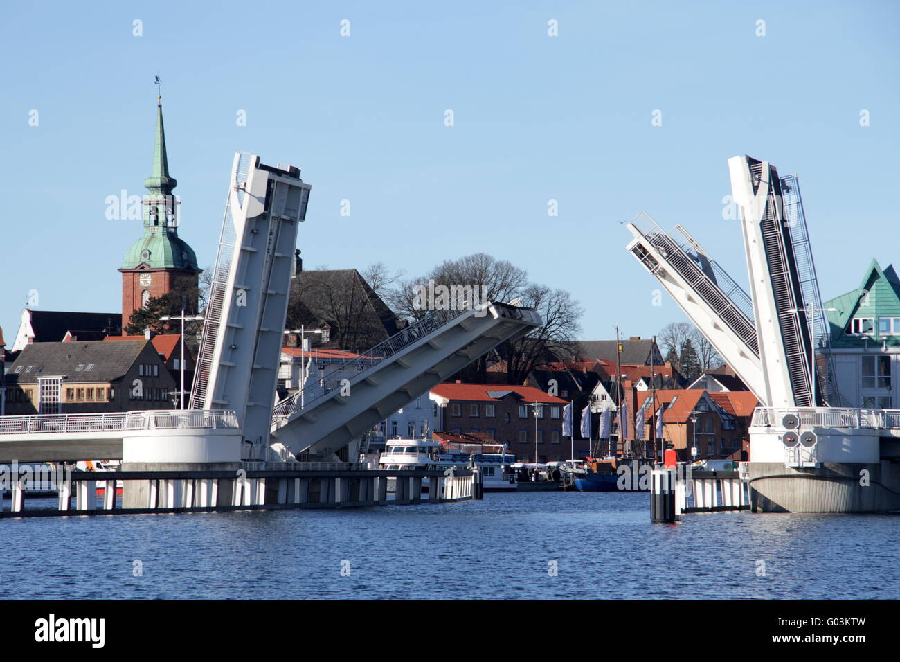 opening flap bridge in Kappeln from waterside Stock Photo - Alamy