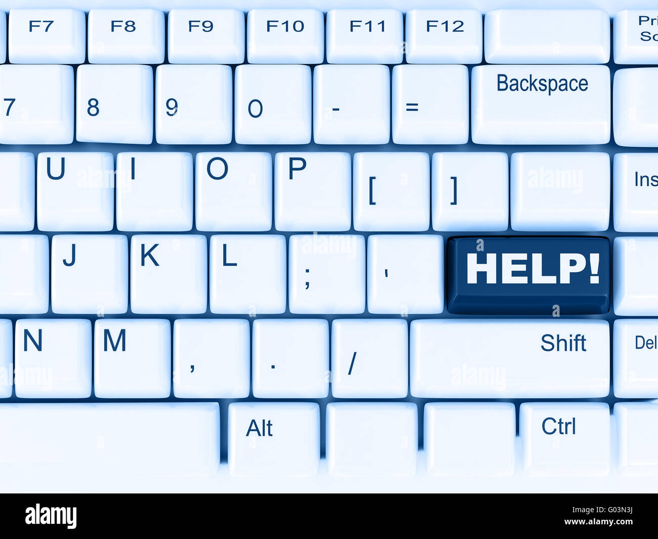 white computer keyboard with the blue button help Stock Photo - Alamy