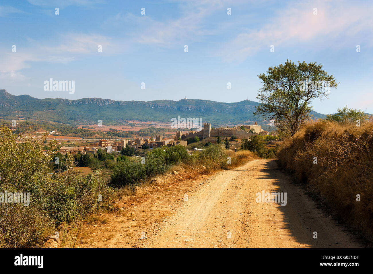 Montblanc in Spain.Landscape with rural road with fortness and ...