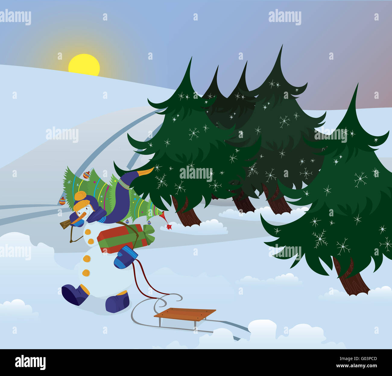 Snowman is walking through the forest with Charismas tree on his ...