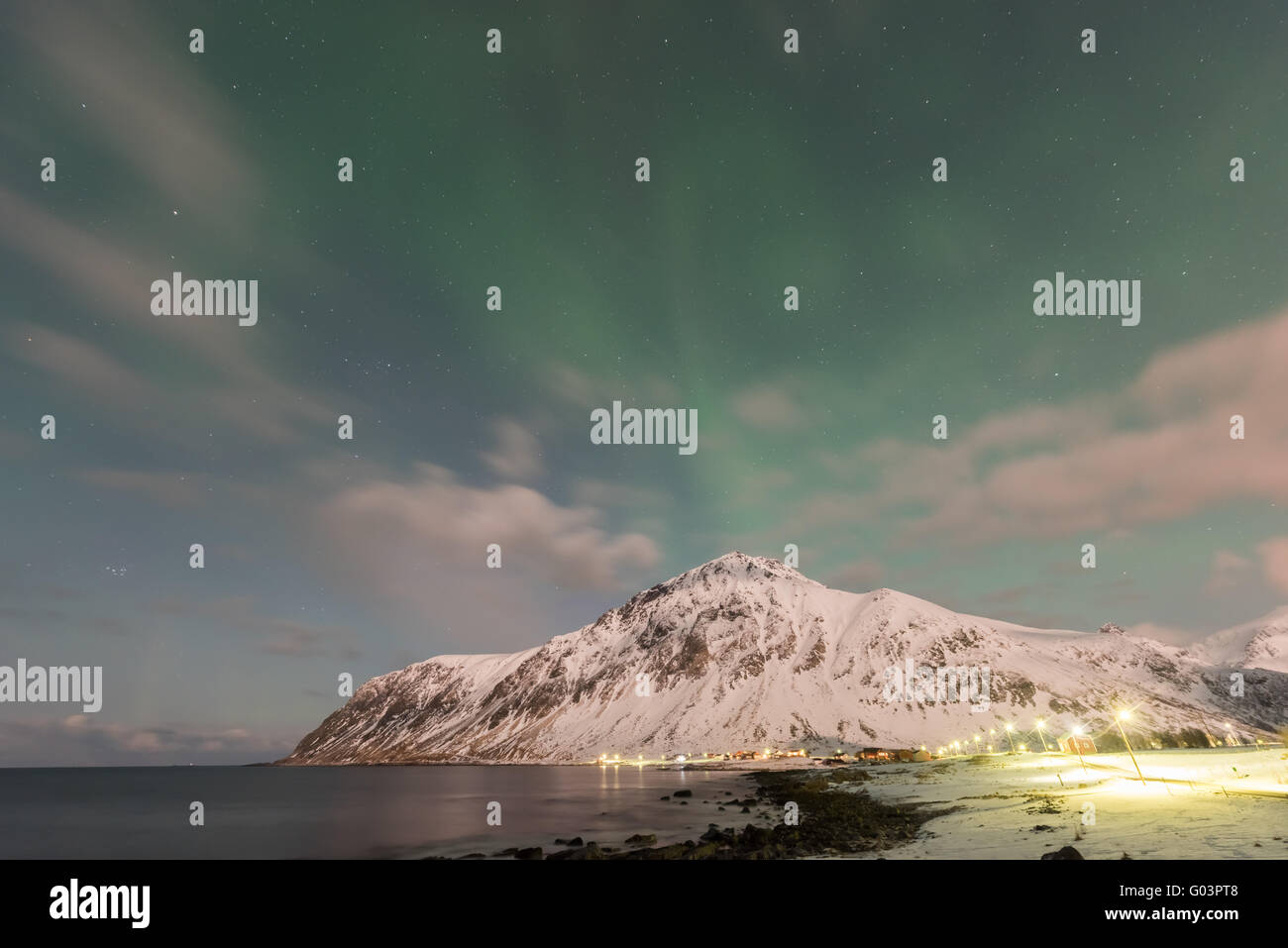 Northern lights over the sea at Vareid, Lofoten Islands, Norway in the ...