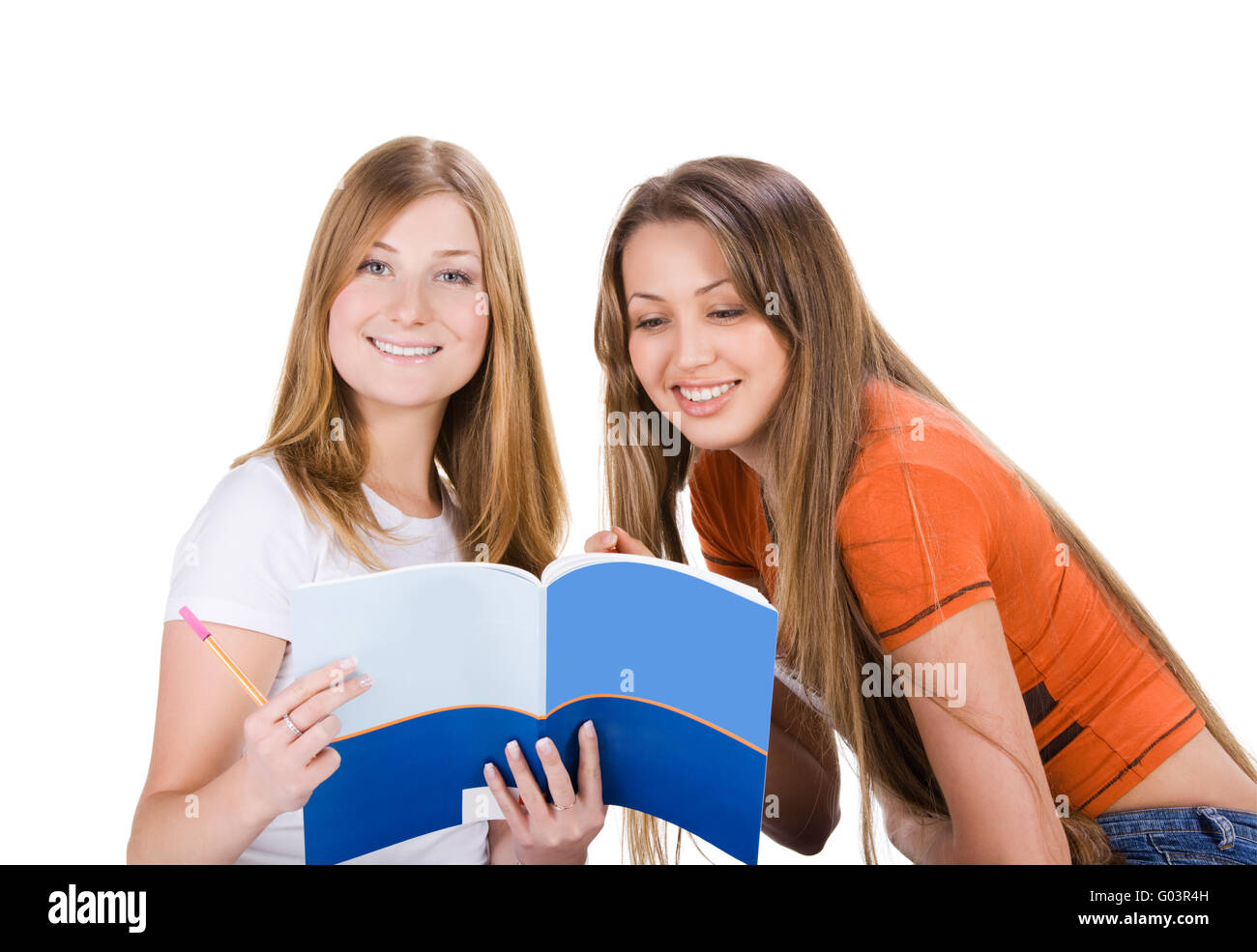 two young happy student girl, isolated on white Stock Photo - Alamy