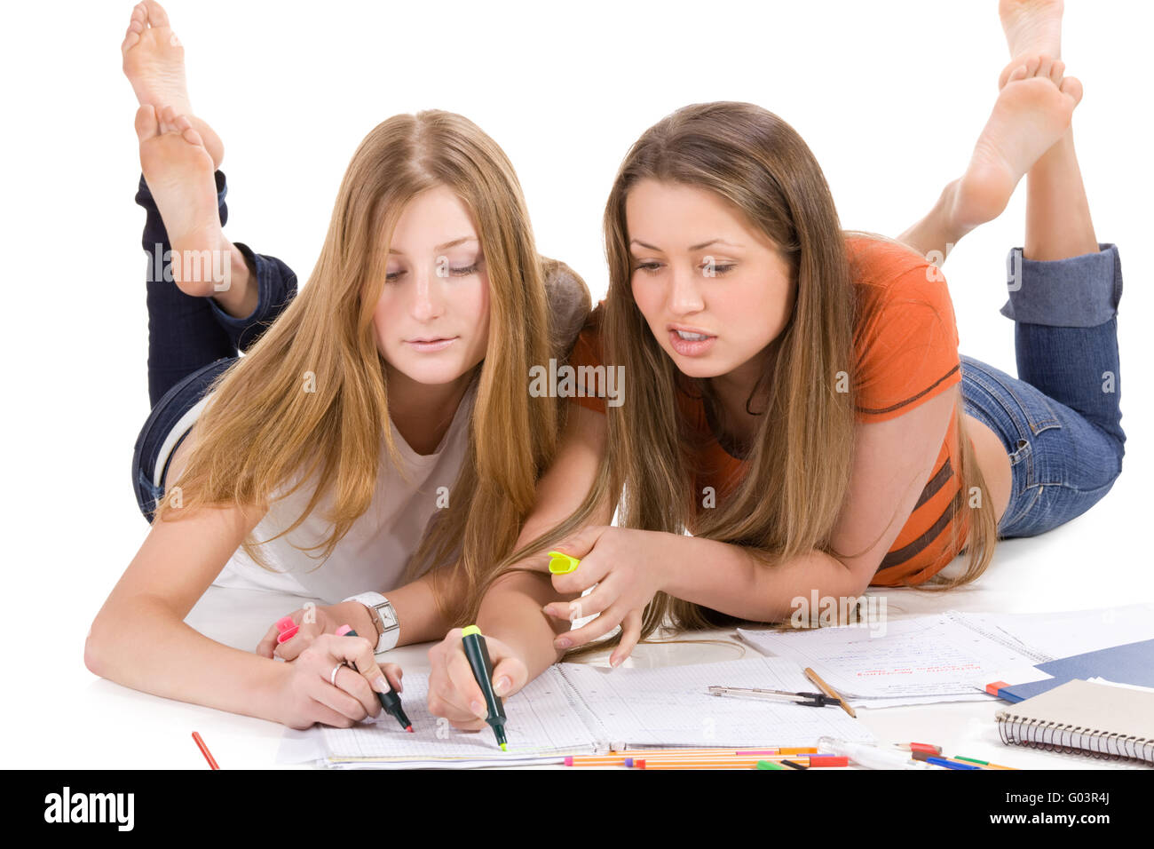 two young happy student girl, isolated on white Stock Photo - Alamy