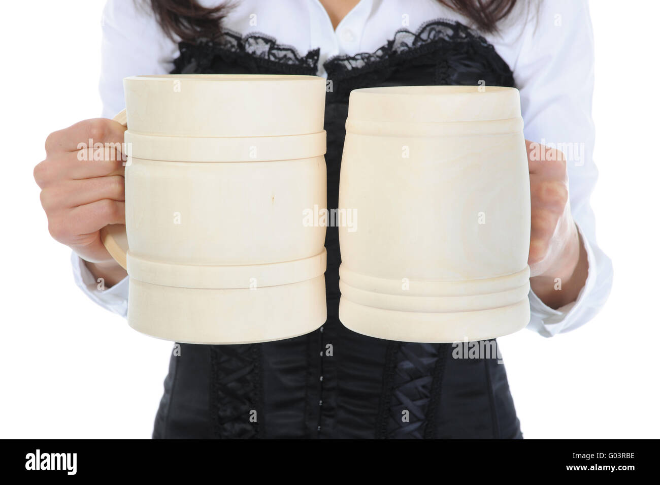 beautiful woman holds a large wooden beer mug Stock Photo - Alamy