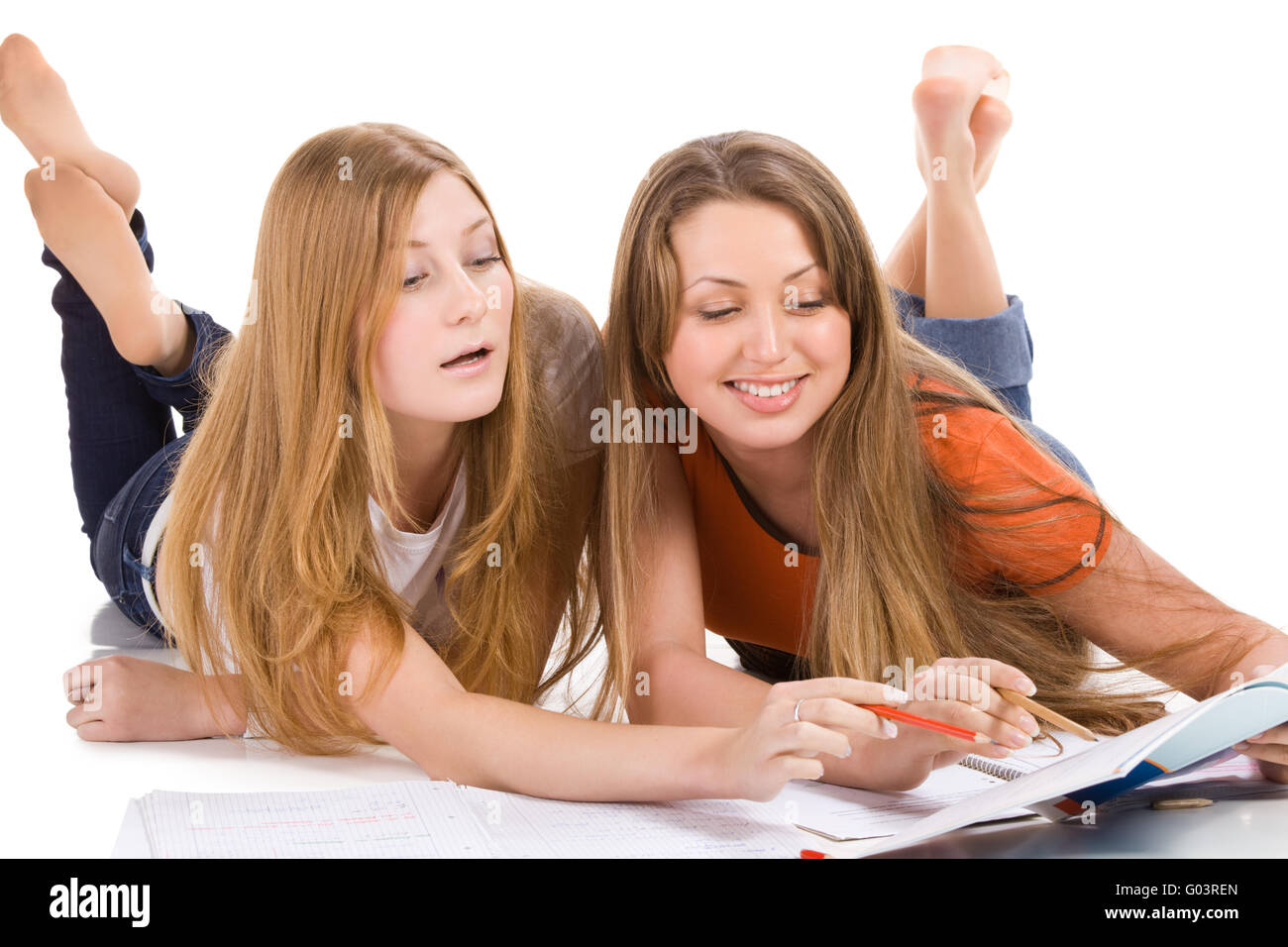 two young happy student girl, isolated on white Stock Photo - Alamy