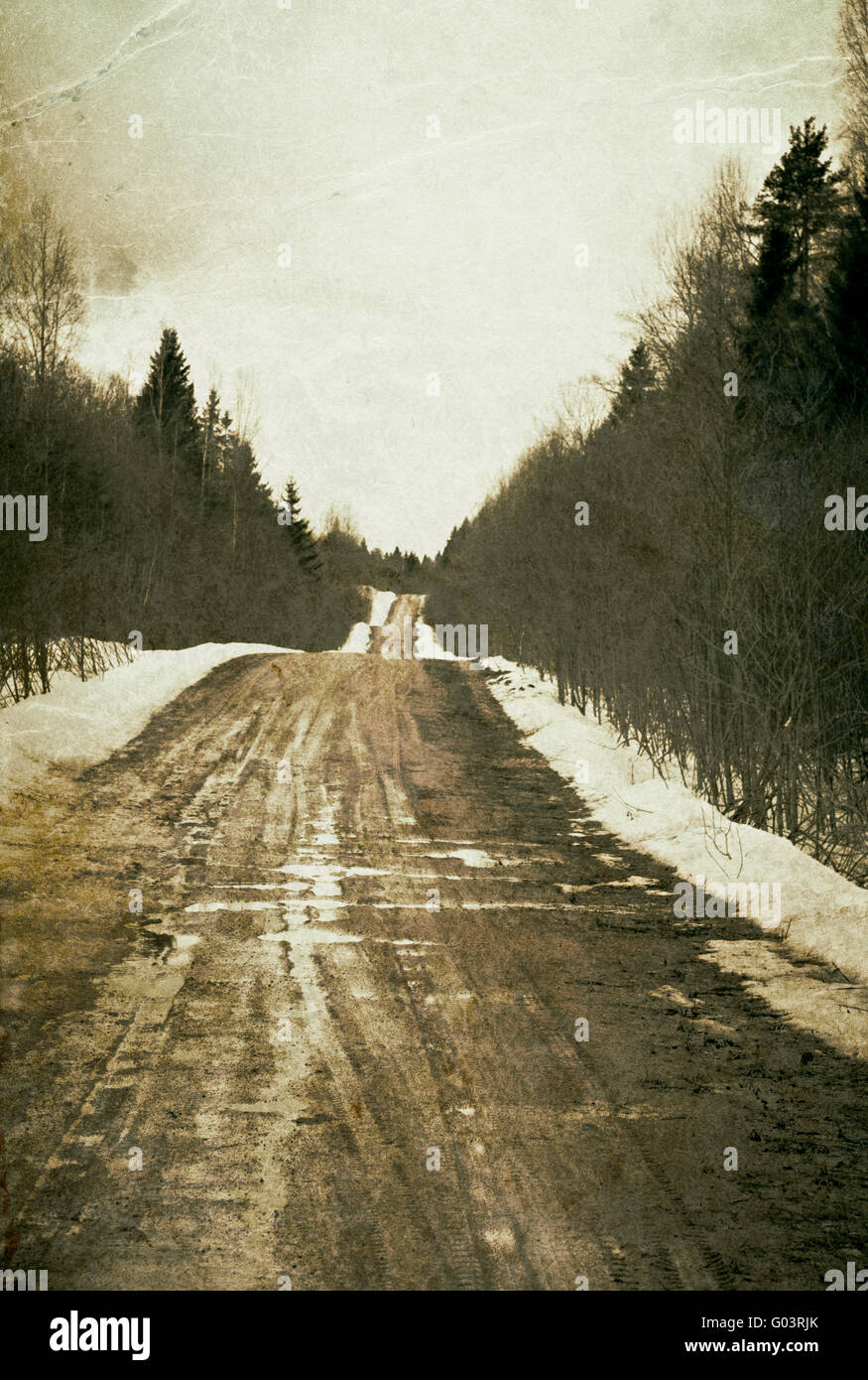 Vintage depressed and deserted village road. Grunge background Stock ...