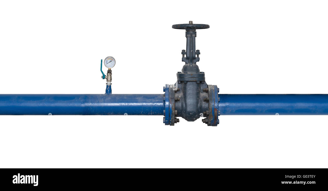old blue pipe ,gate valve and gauge isolated on white background with ...