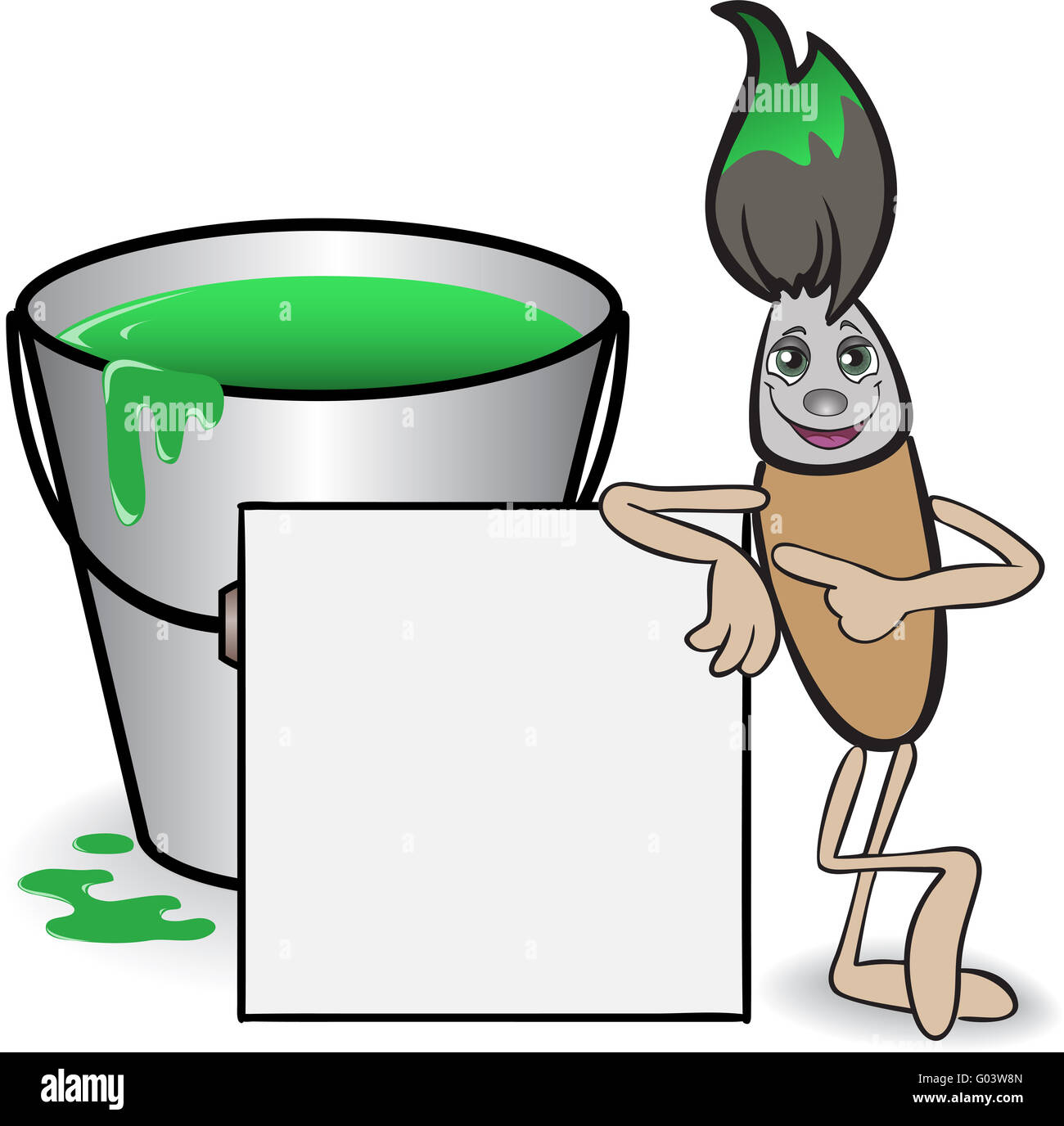 cartoon brush with a big poster and a bucket of pa Stock Photo - Alamy