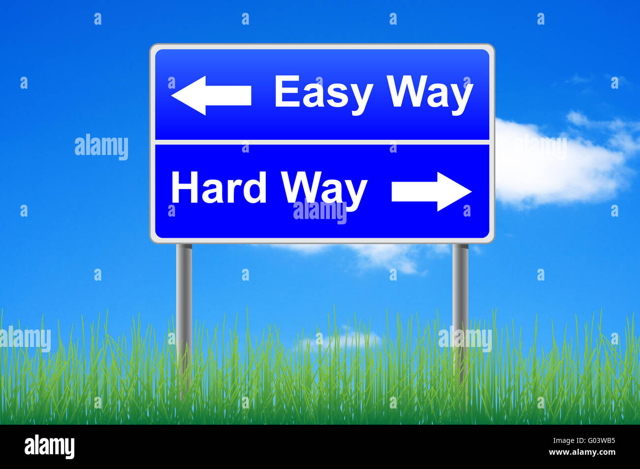 Easy way, hard way roadsign with arrows. Grass underneath Stock Photo ...
