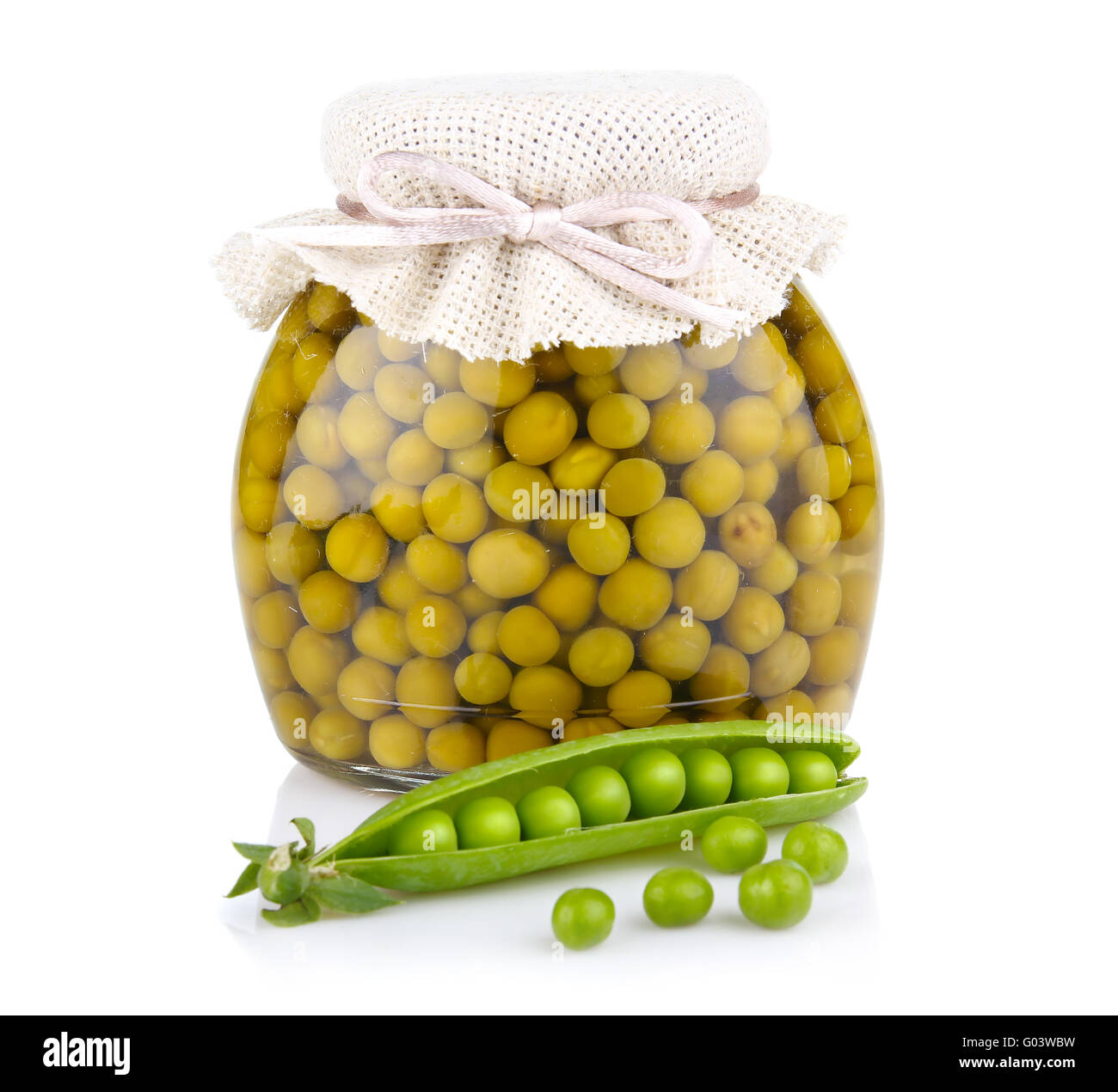 Jar of green pea with fresh pods isolated on white Stock Photo - Alamy