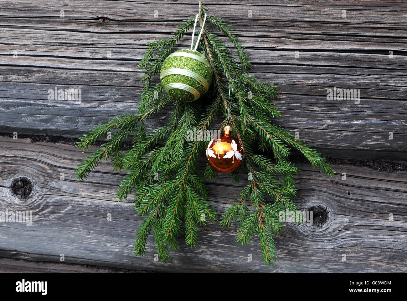 Christmas Tree Twig and Decorations Stock Photo - Alamy