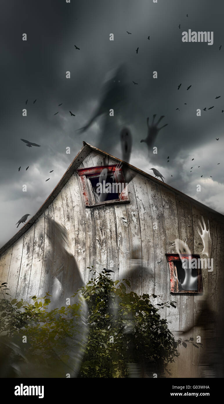 Haunted old barn with ghosts flying and dark skies Stock Photo - Alamy