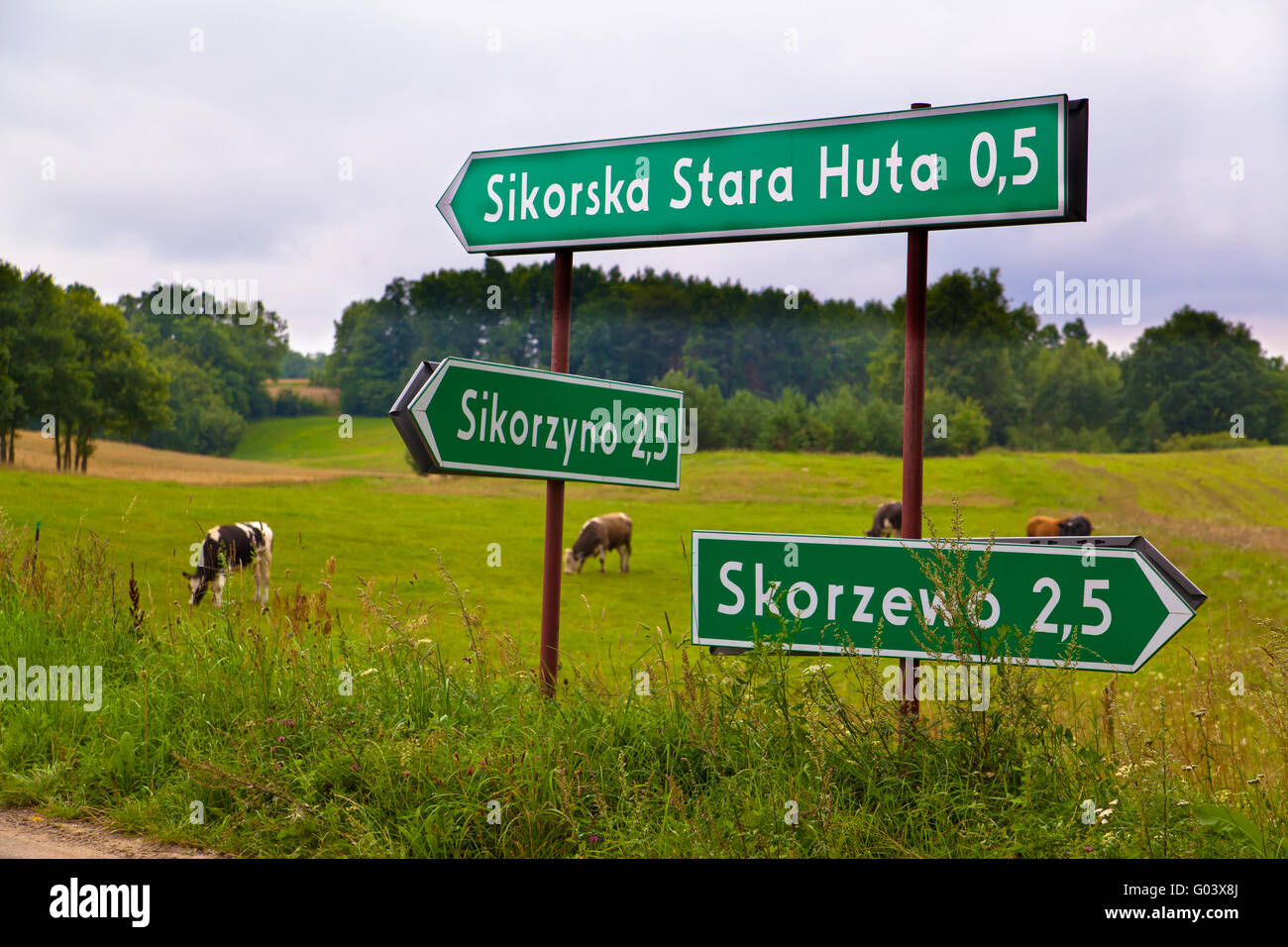 Sign with village directions at Polish countryside Stock Photo - Alamy
