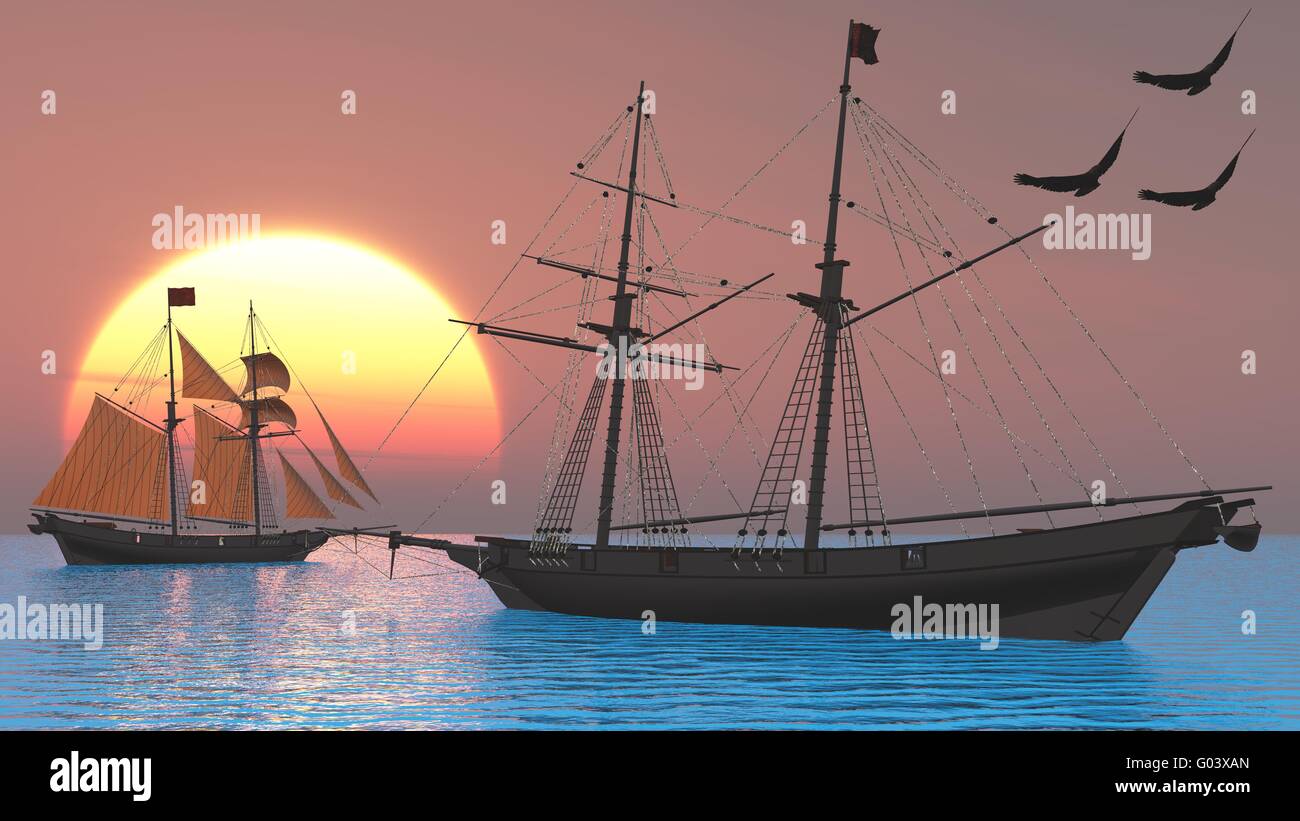 Sailing ships in the dawn Stock Photo - Alamy