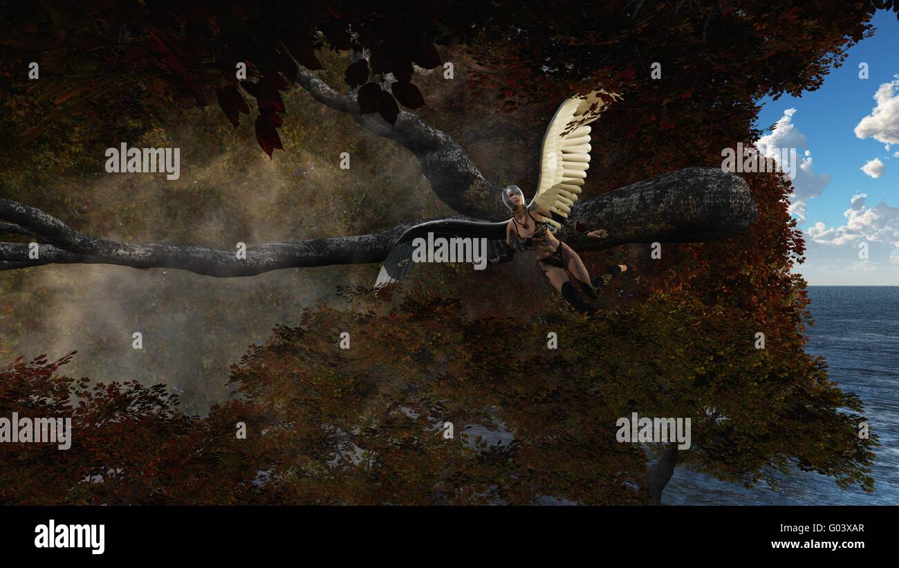 Elf with wings flying in a forest Stock Photo - Alamy